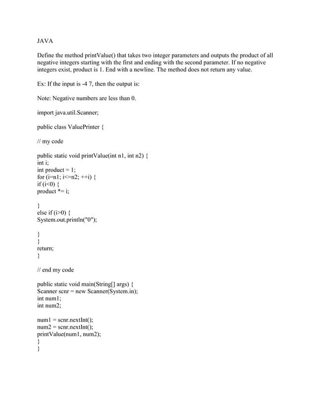 Java Define The Method Printvalue That Takes Two Integer Parametersdocx 5979