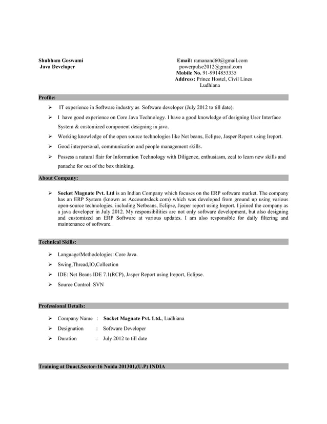 Java developer resume(1) | DOC | Programming Languages | Computing