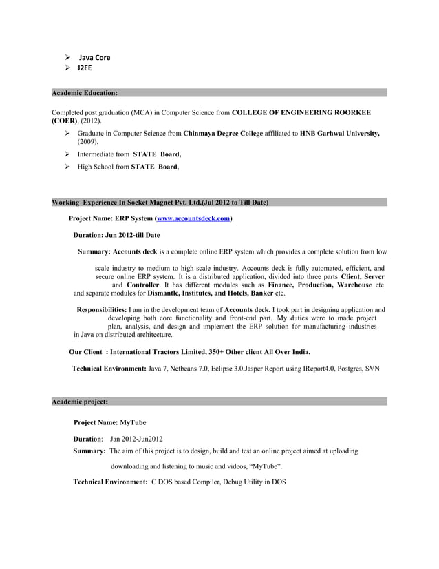 Java developer resume(1) | DOC | Programming Languages | Computing