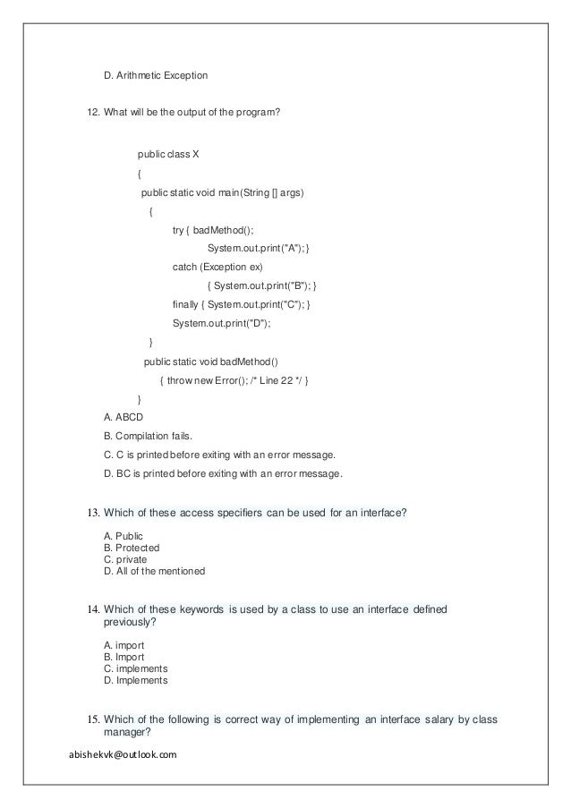 Multiple Choice Questions for Java interfaces and exception handling Multiple Choice Questions for Java interfaces and exception handling