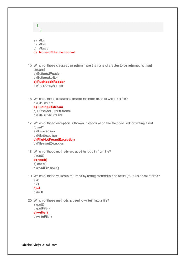 Multiple choice questions for Java io,files and inheritance | DOCX