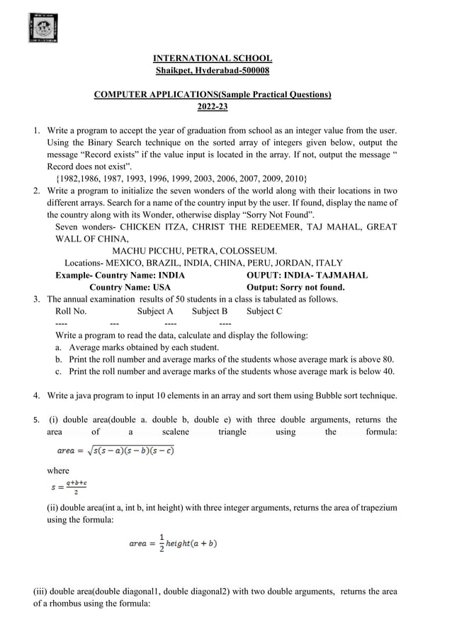 JAVA practical Exam Questions (1).docx | Programming Languages | Computing