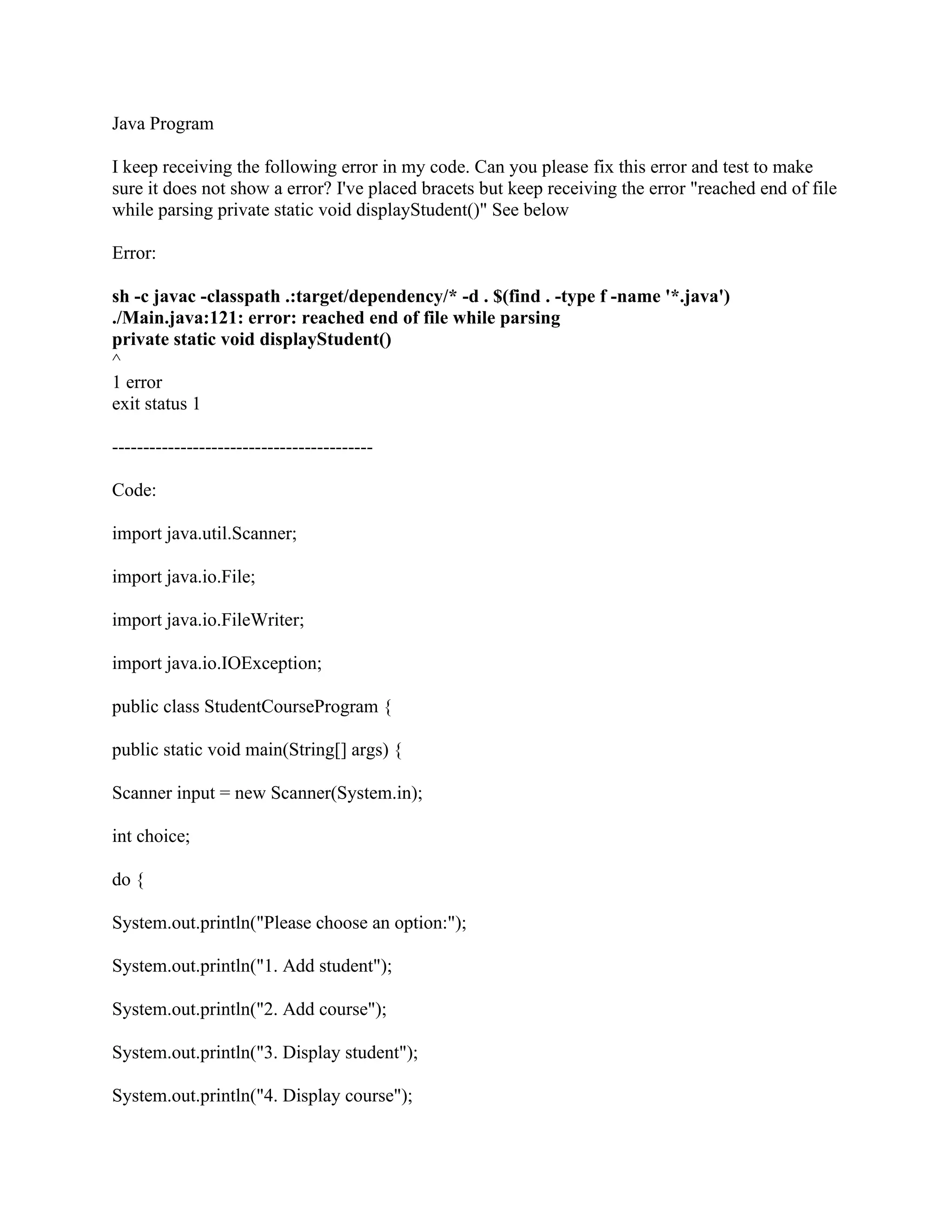 Java Program I Keep Receiving The Following Error In My Code Can You