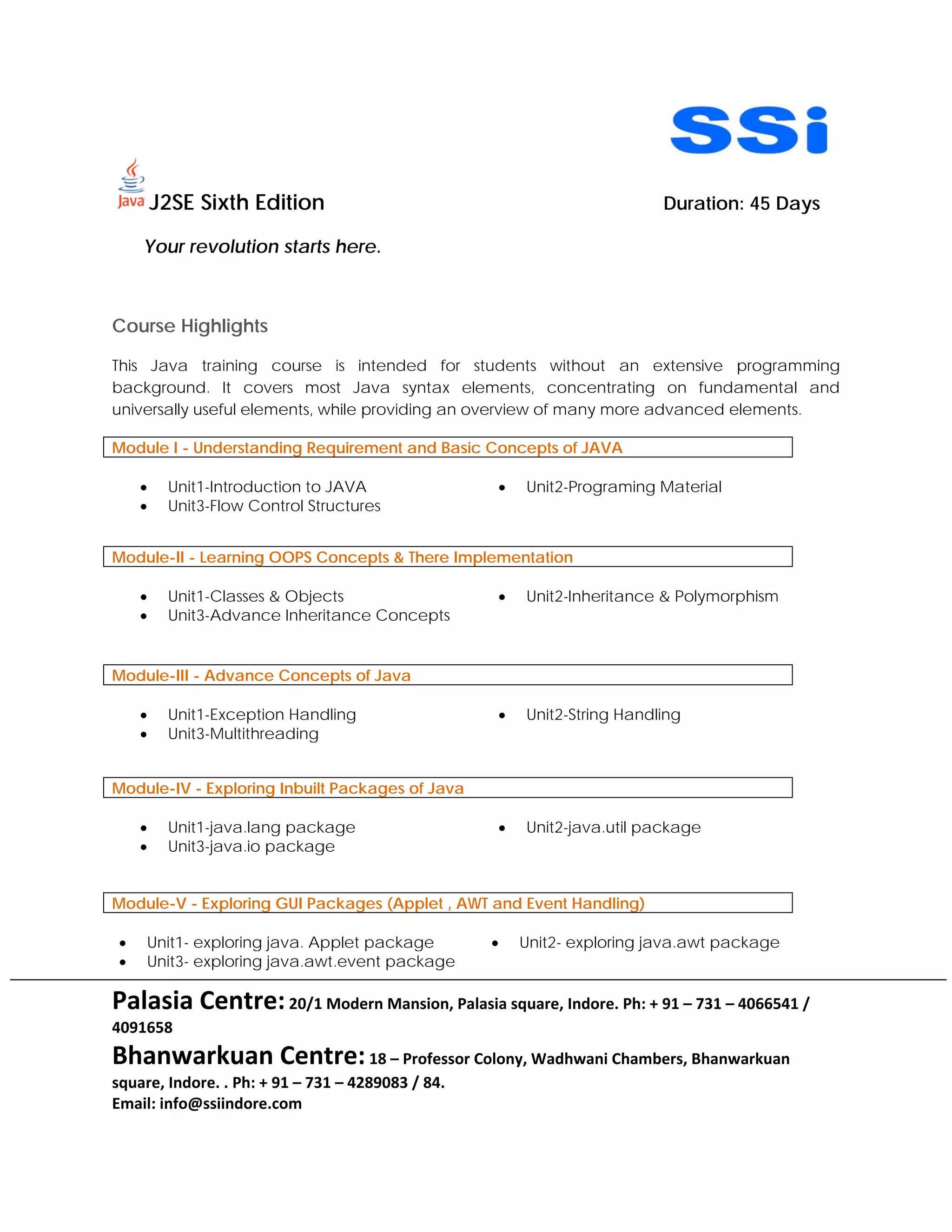 Module Of Java Training In Indore At Ssi Education Pdf