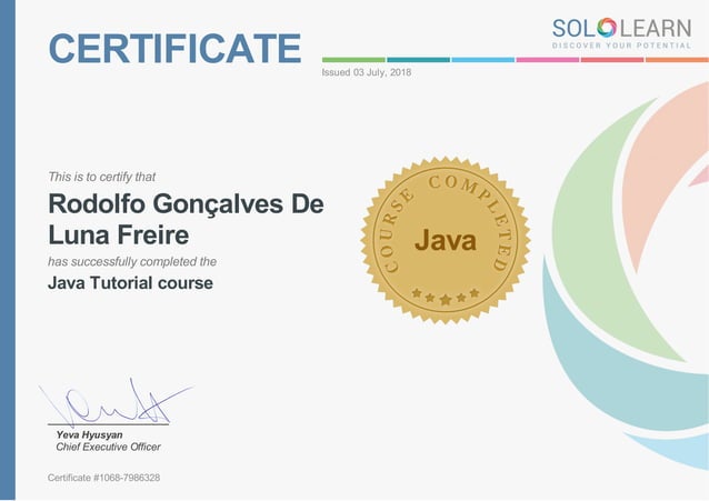 Certificado SOLOLEARN - Java Tutorial Course | PDF