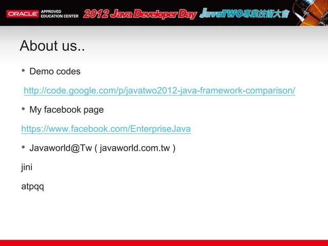 Javatwo2012 java frameworkcomparison | PPT