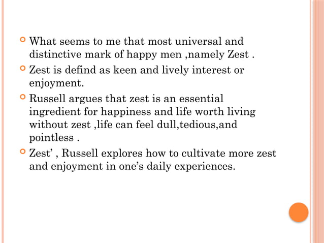 ZEST, Bertrand Russell: The Conquest of Happiness | PPTX