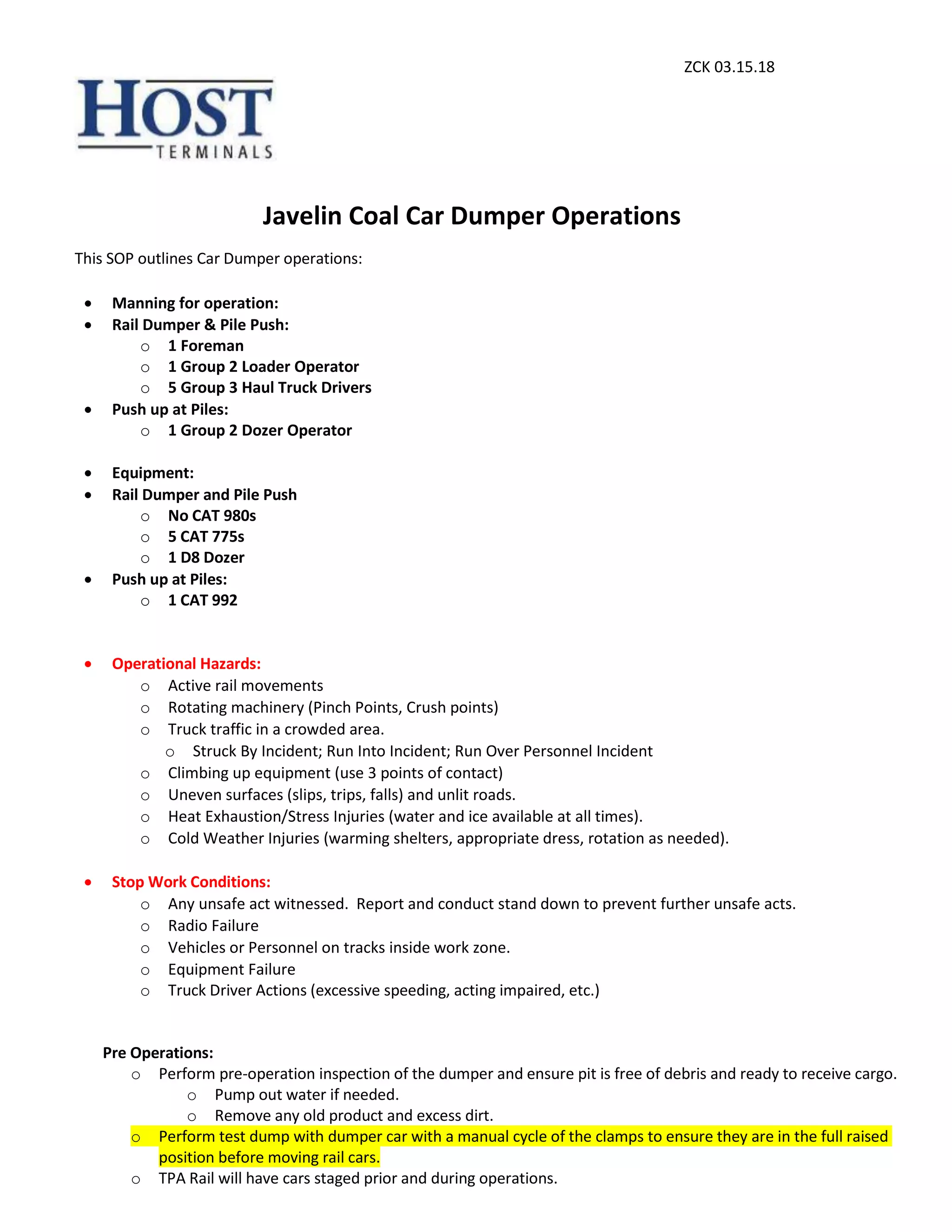 SOP - Javelin Coal Car Dumper Operations | PDF