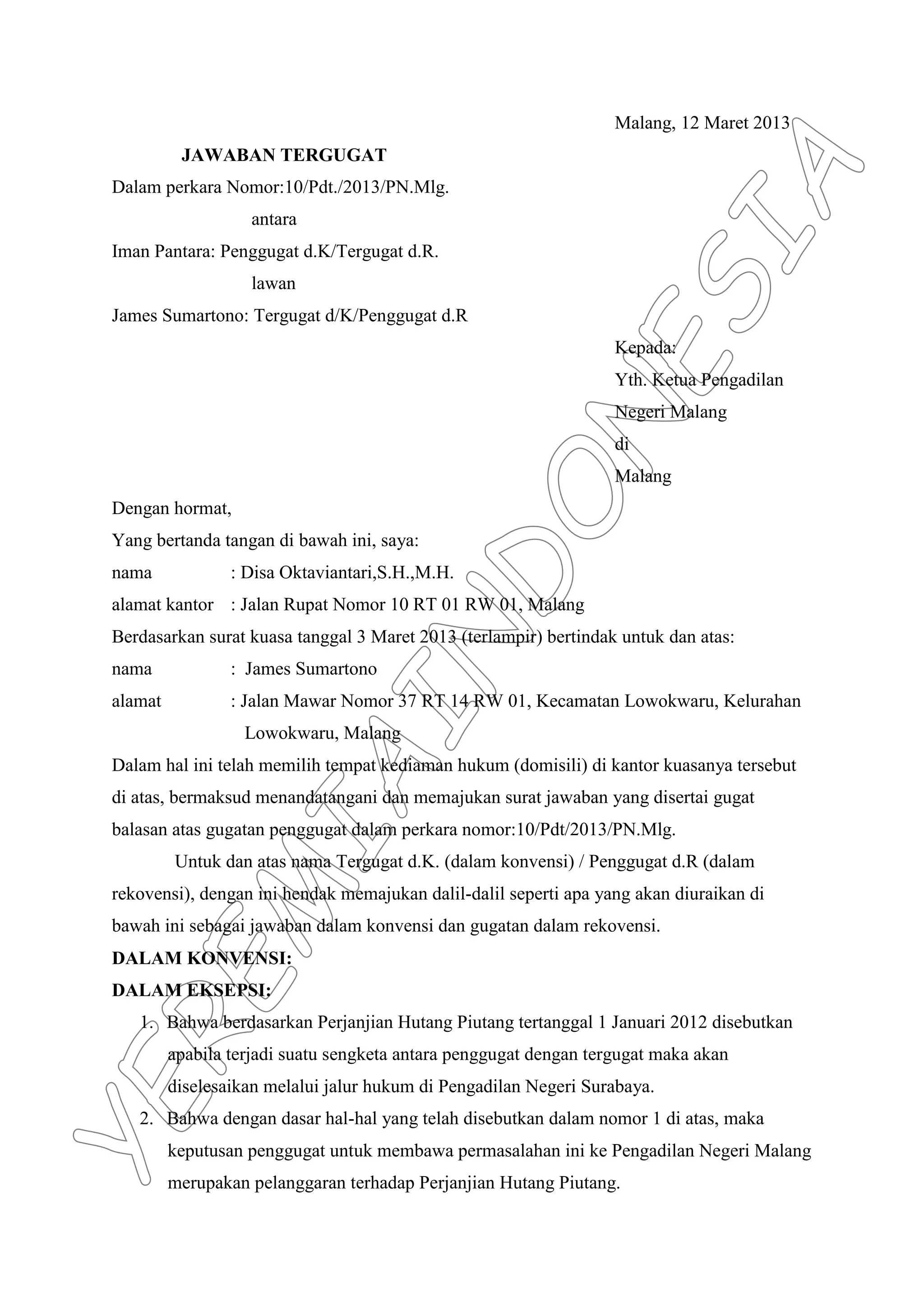 Jawaban tergugat | PDF