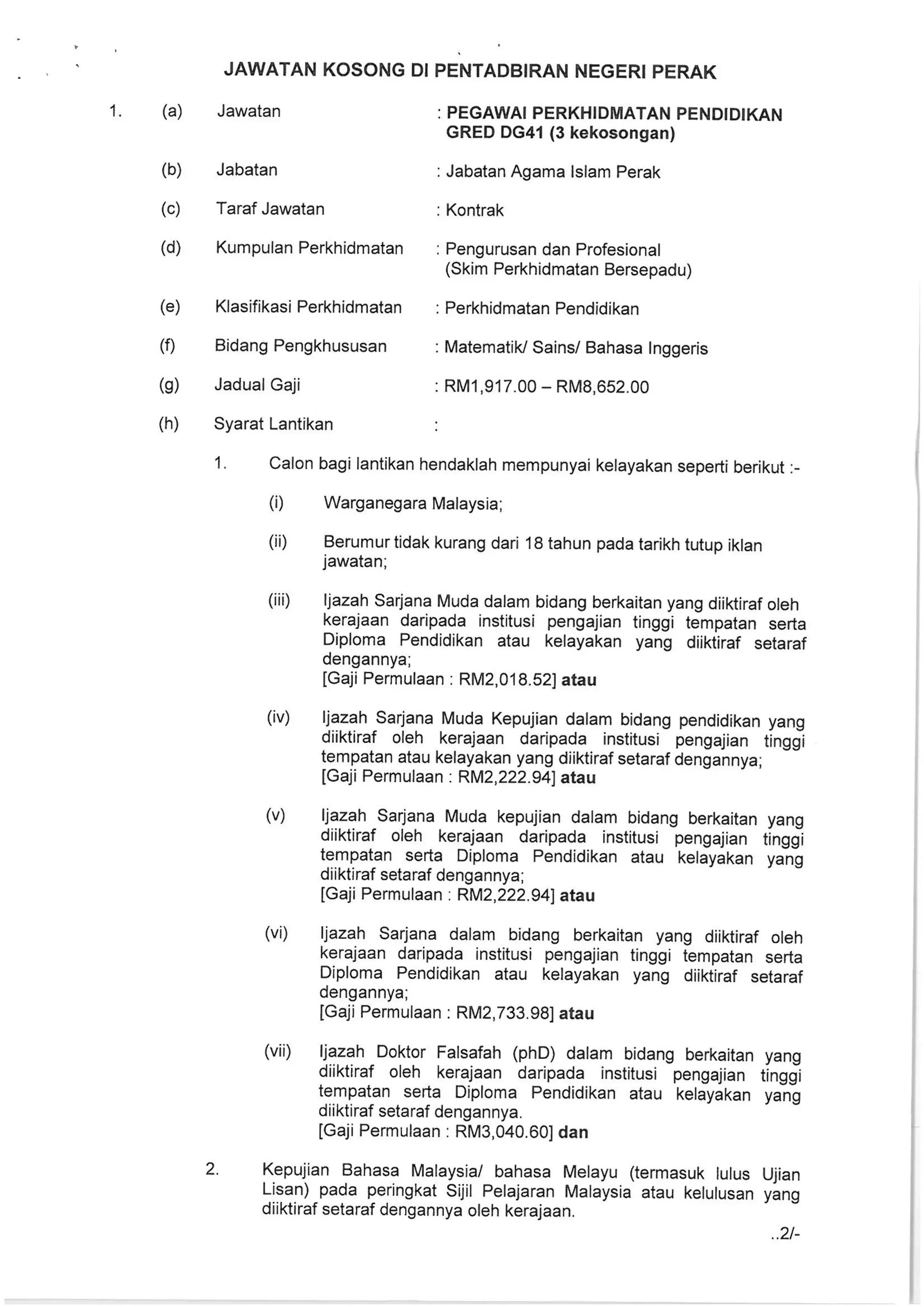 Iklan Rasmi Jawatan Kosong Kerajaan Negeri Perak. | PDF