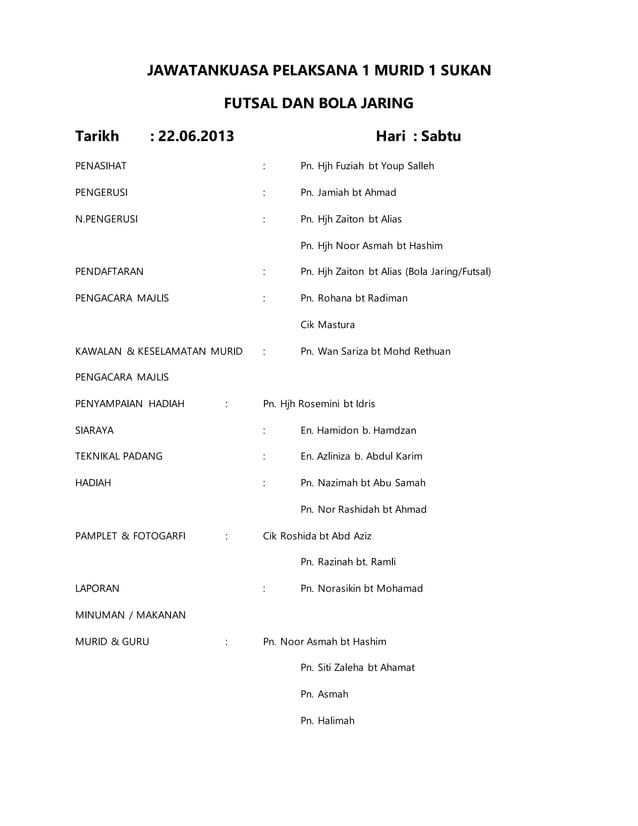 Jawatankuasa pelaksana 1 murid 1 sukan | DOCX