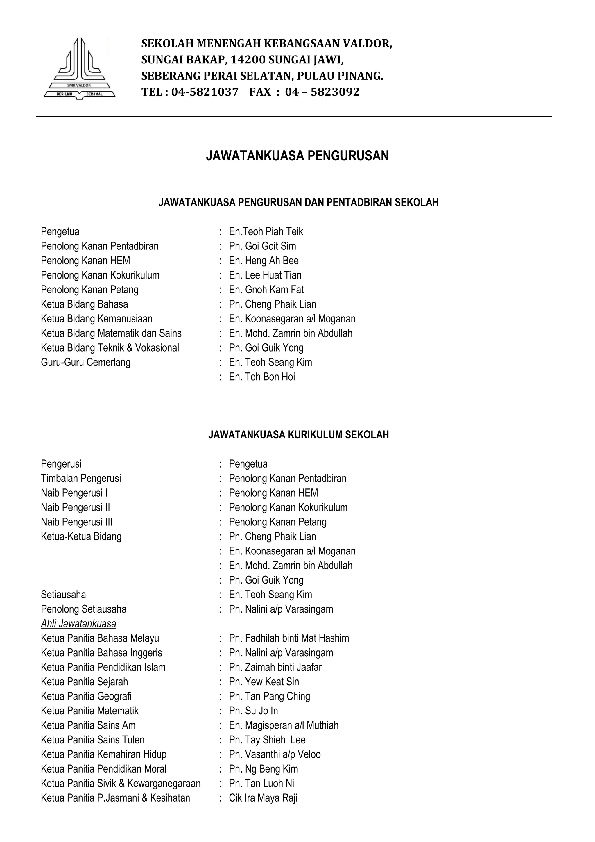 Jawatankuasa pengurusan smk valdor 2014 | PDF