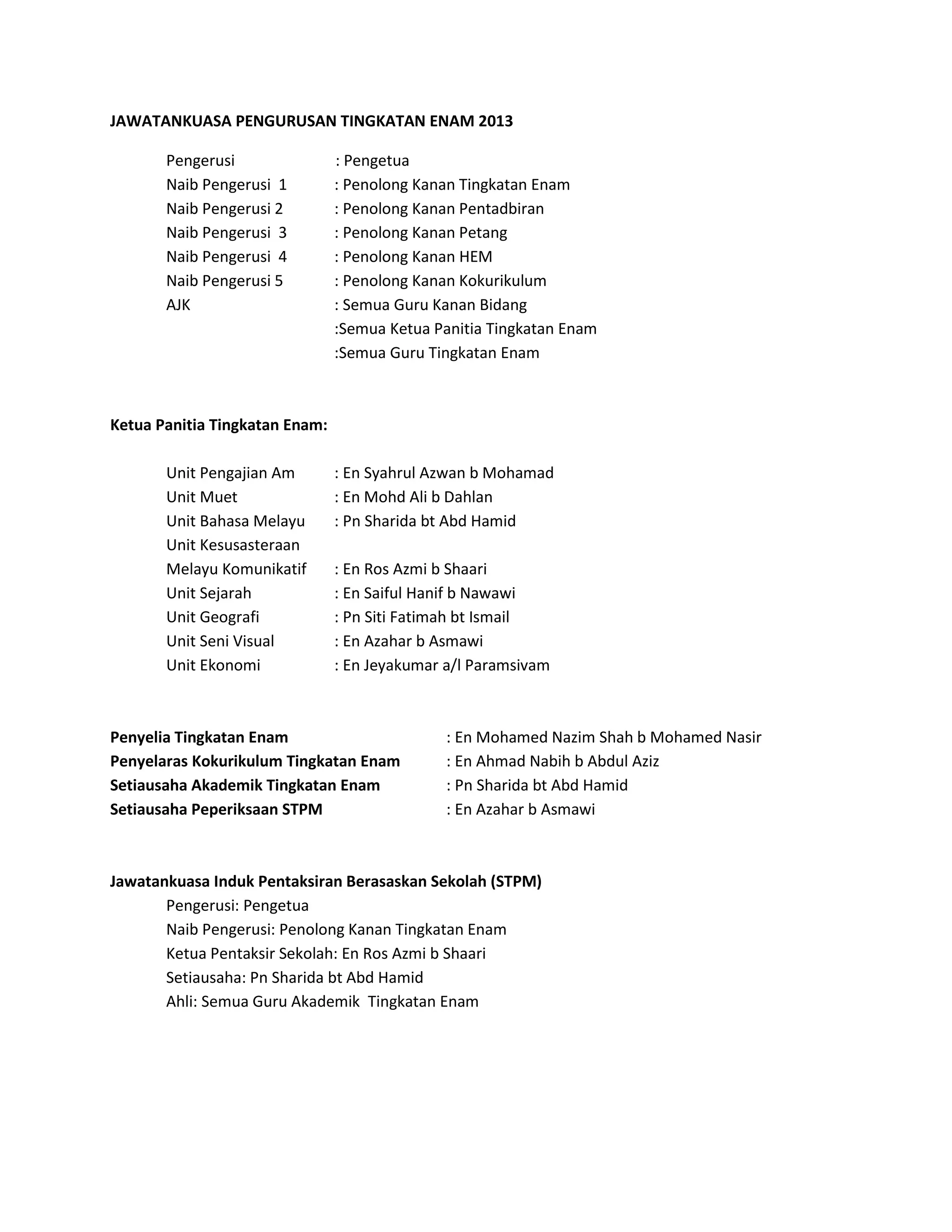 Jawatankuasa Pengurusan Tingkatan Enam 2013 | PDF