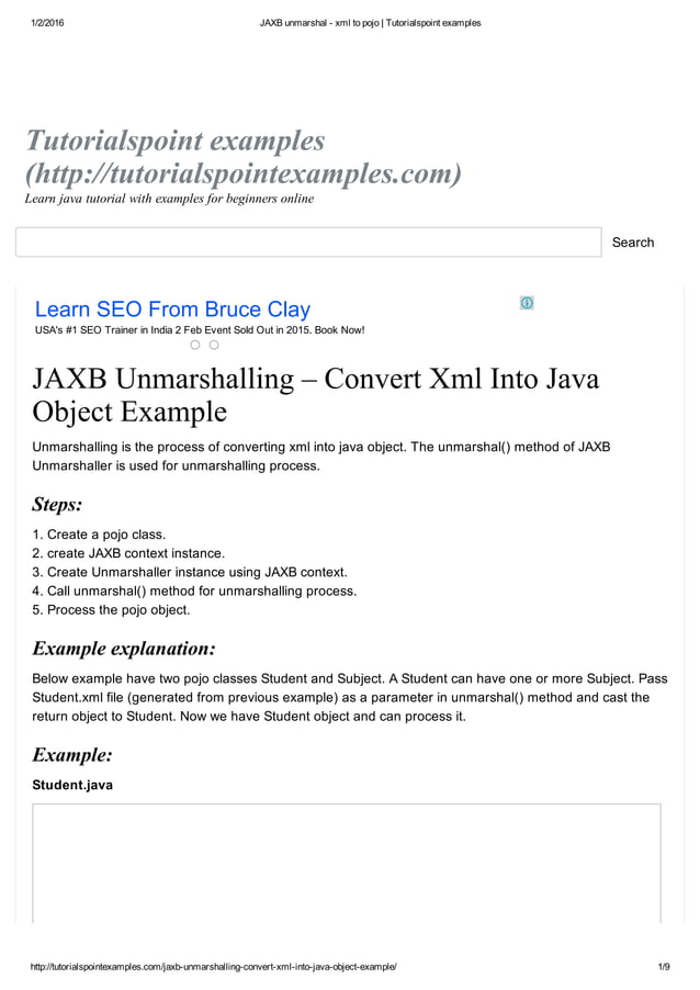 Jaxb unmarshal xml to pojo tutorialspoint examples | PDF