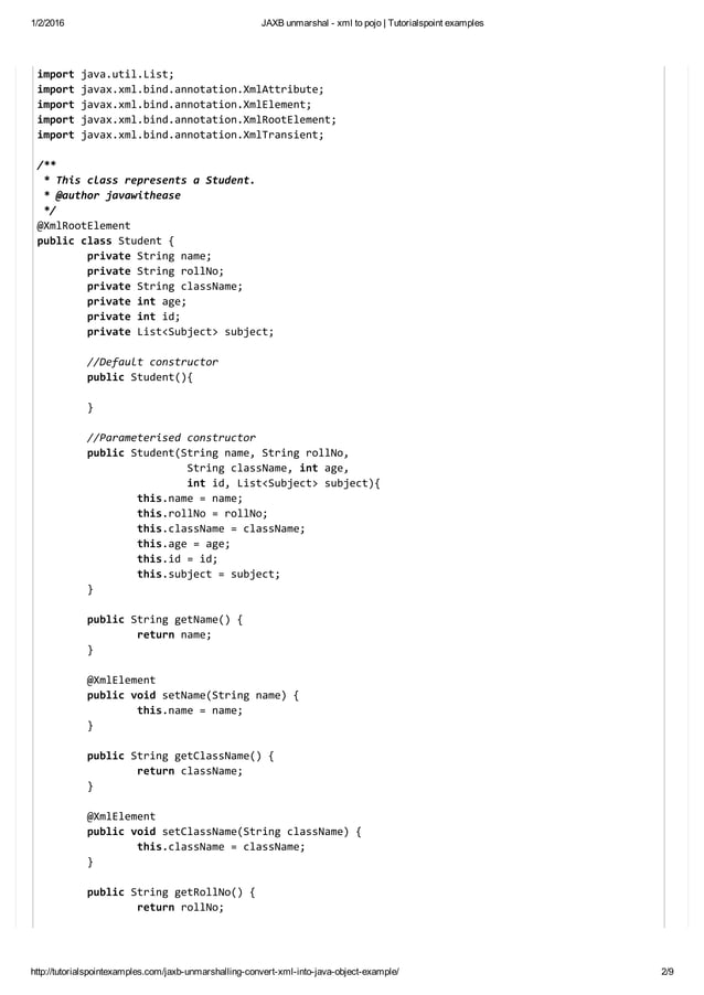 Jaxb Unmarshal Xml To Pojo Tutorialspoint Examples Pdf 