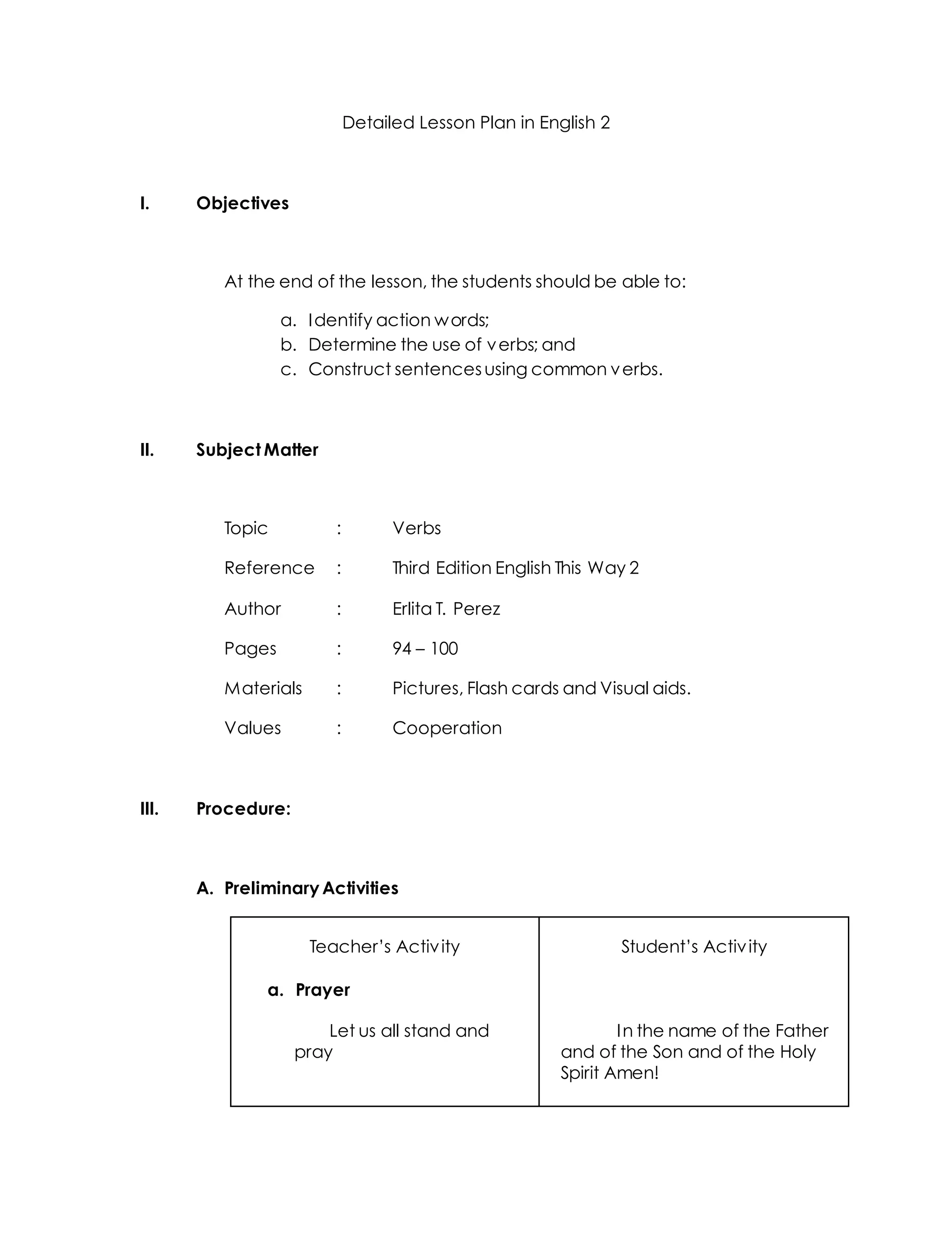 Detailed Lesson Plan in English 2 - (VERBS) | DOCX