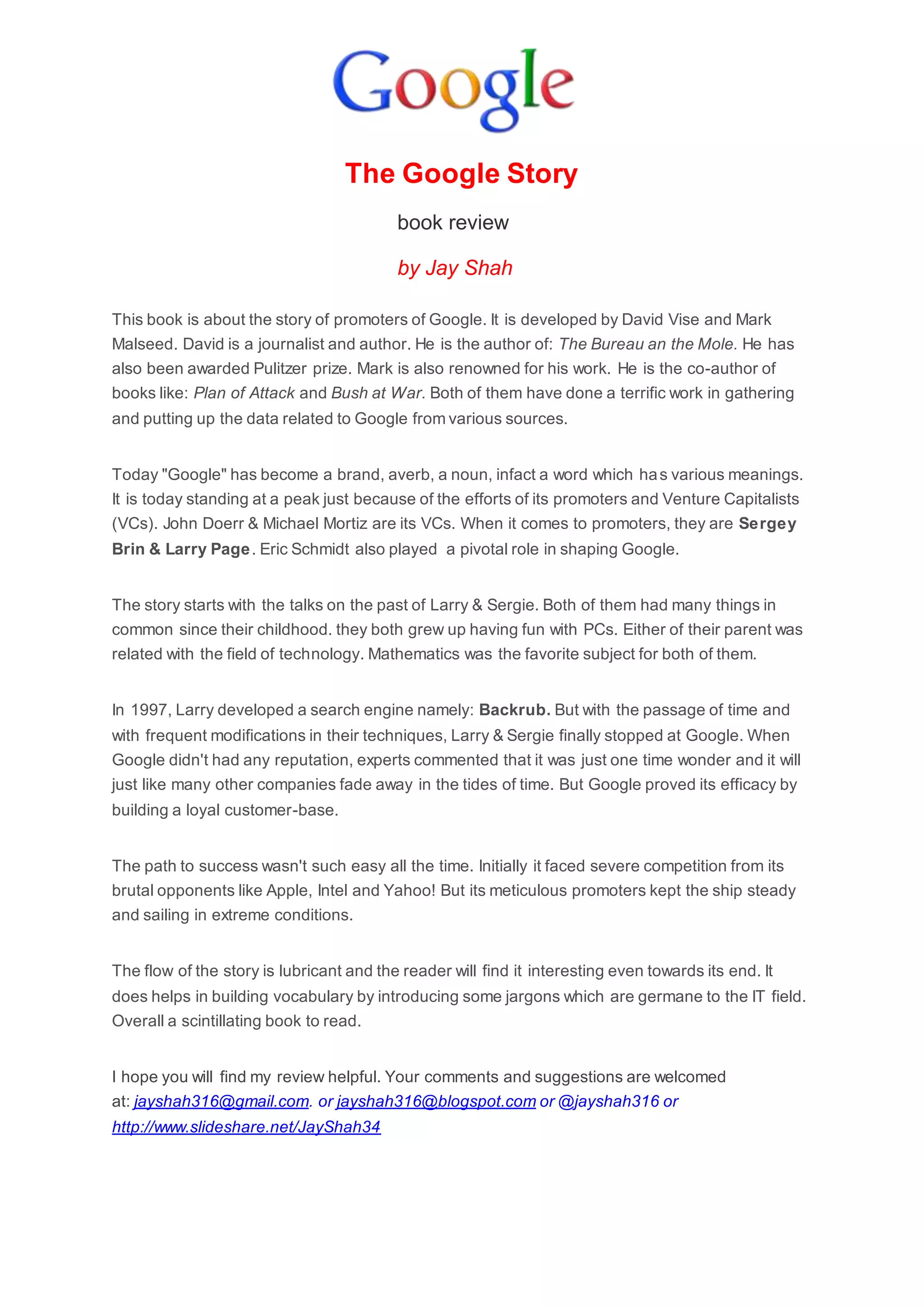 The Google Story book review by Jay Shah | DOCX