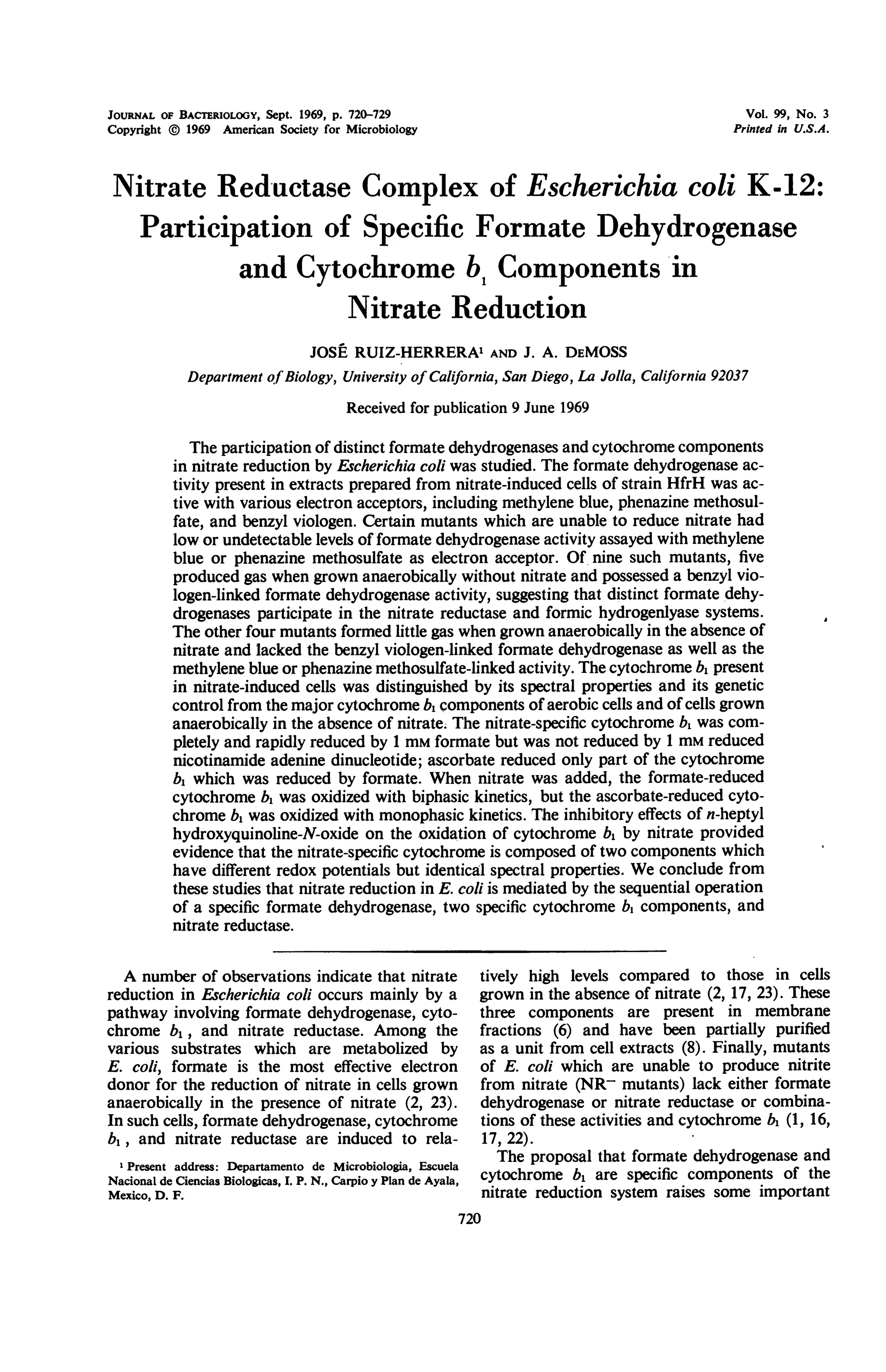 Nitrate Reductase Complex of Escherichia coli K-12: Participation of ...