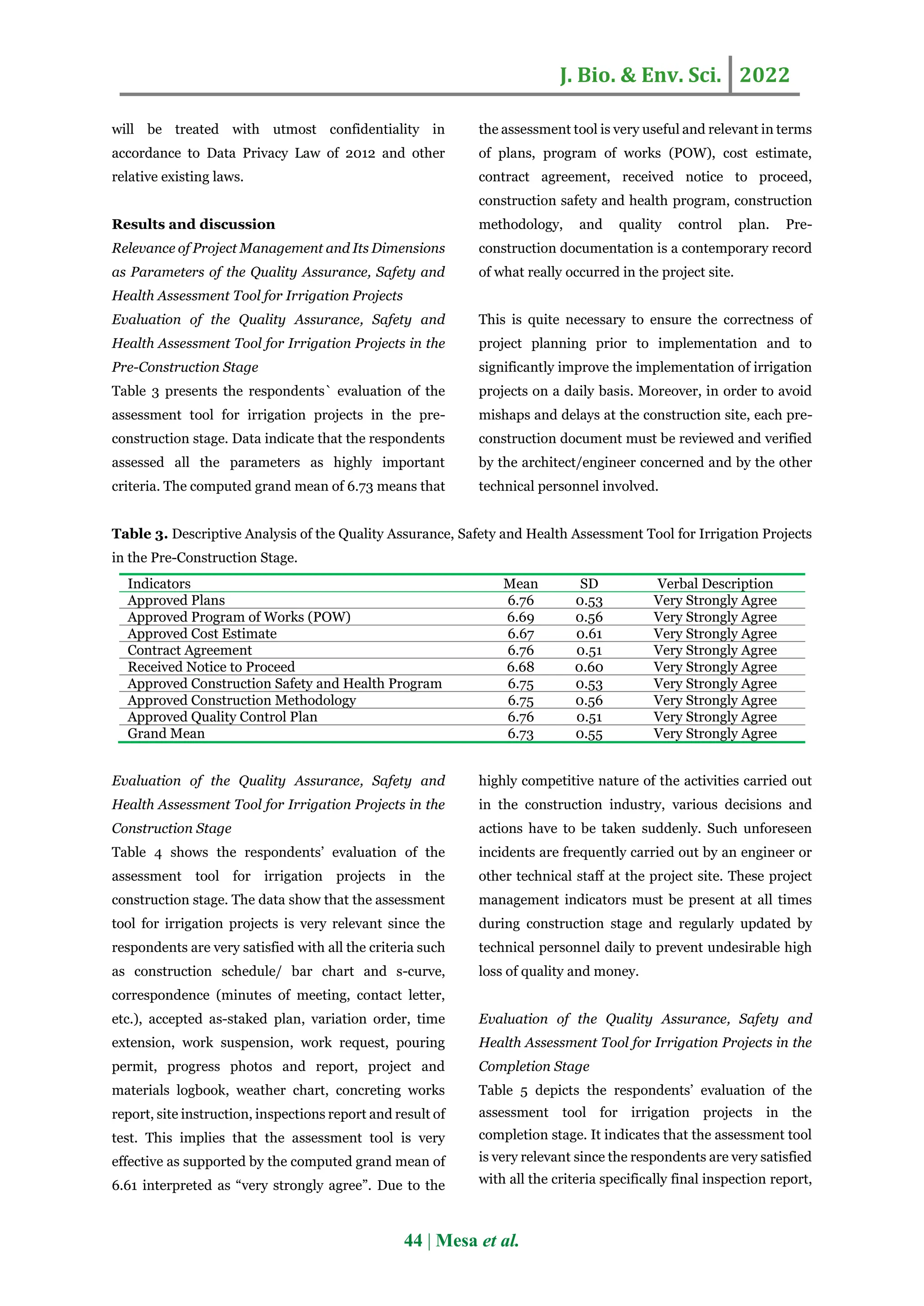Quality assurance, safety and health assessment tool, and evaluation of ...