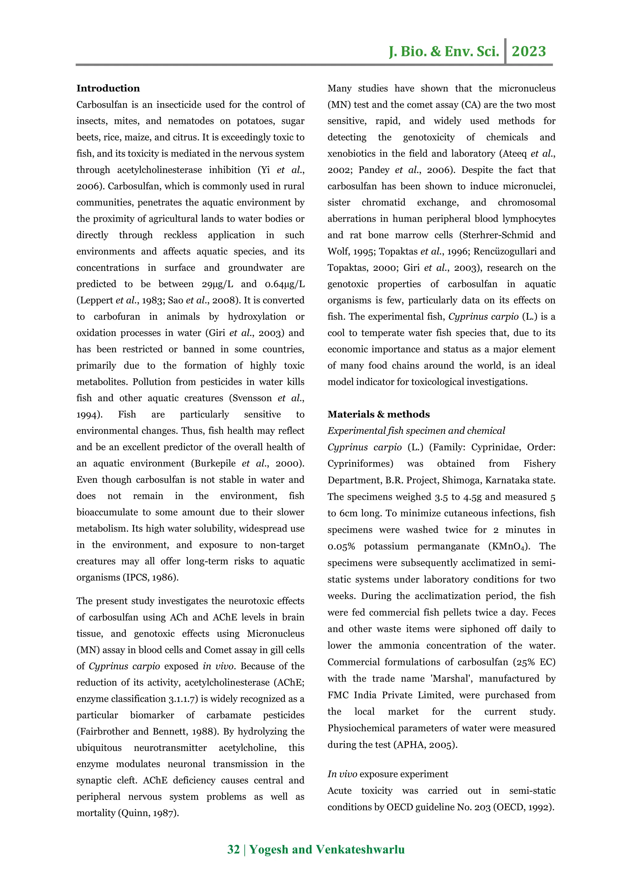 Neuro-genotoxicity assessment of sublethal exposure of carbosulfan to ...