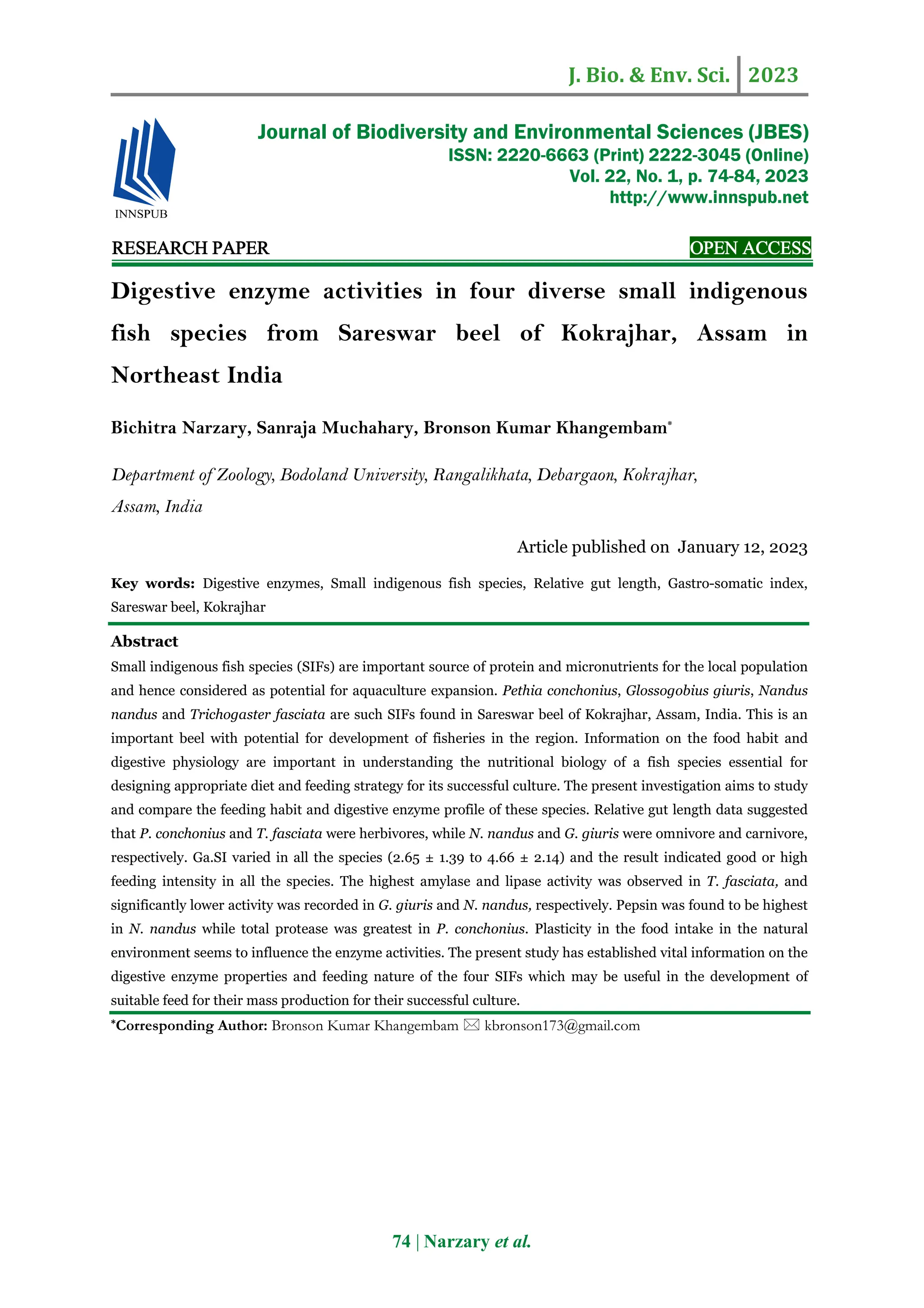 Digestive enzyme activities in four diverse small indigenous fish ...