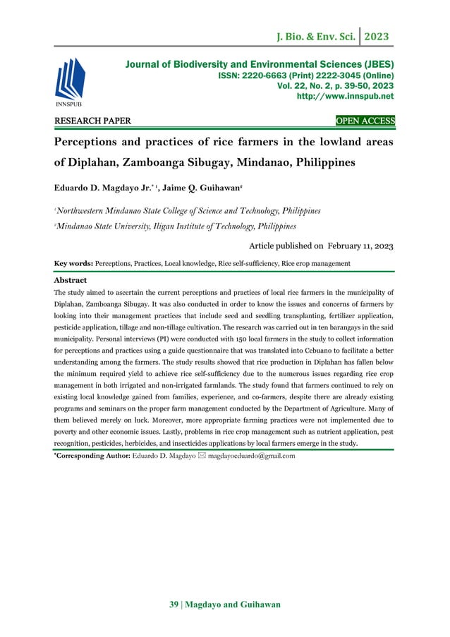 Perceptions and practices of rice farmers in the lowland areas of Diplahan, Zamboanga Sibugay ...