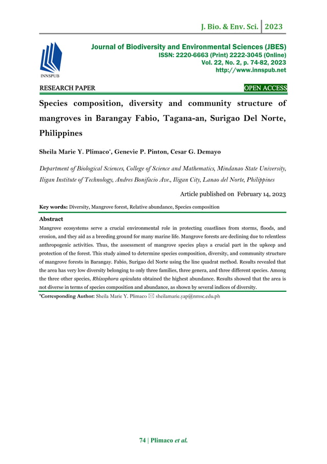 Species composition, diversity and community structure of mangroves in Barangay Fabio, Tagana-an ...