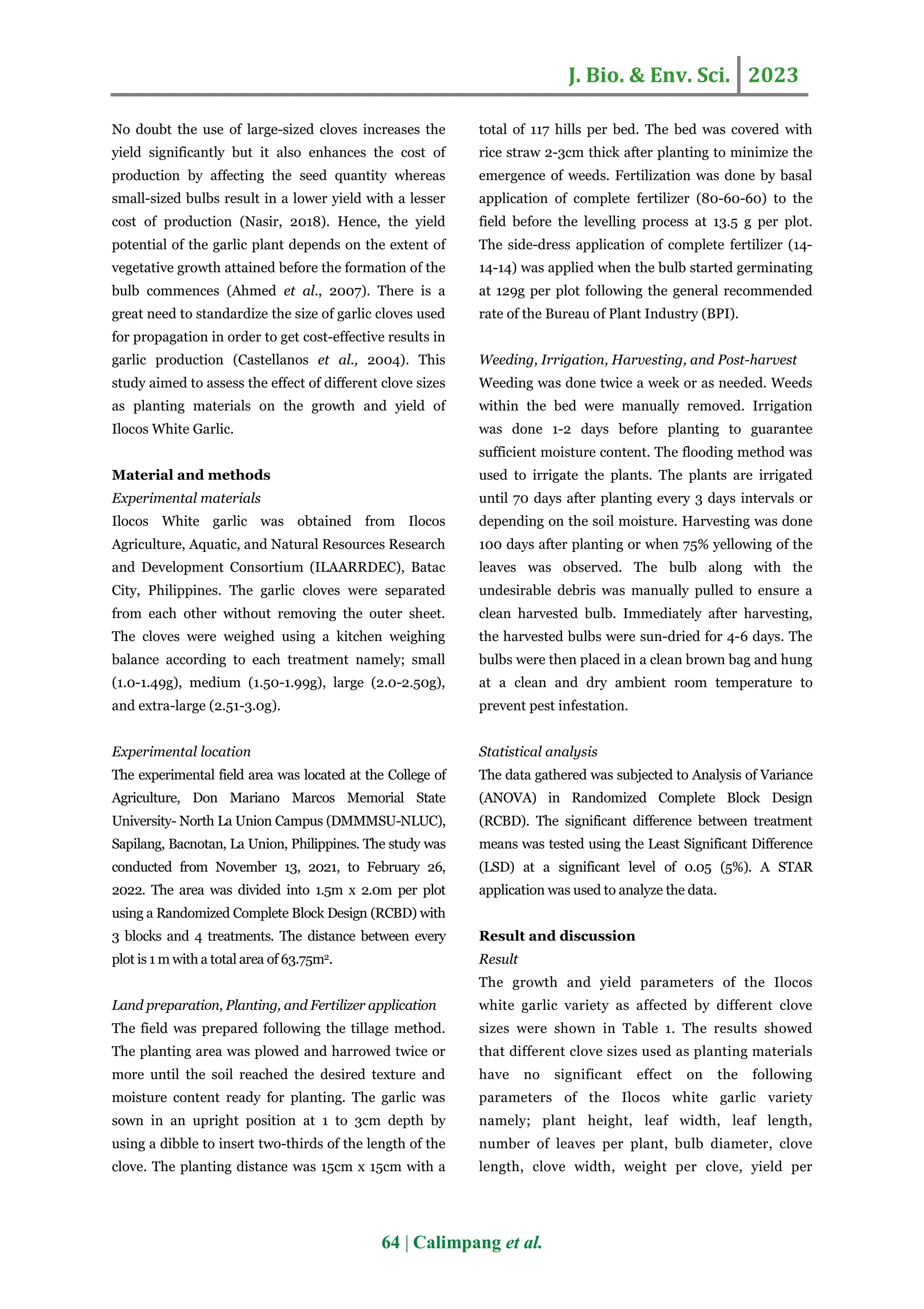 Classification of Clove sizes as planting material to the bulb yield of ...