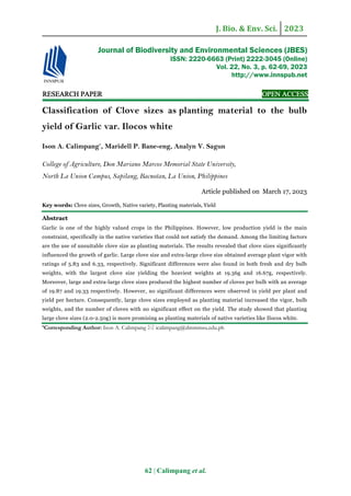 Classification of Clove sizes as planting material to the bulb yield of ...