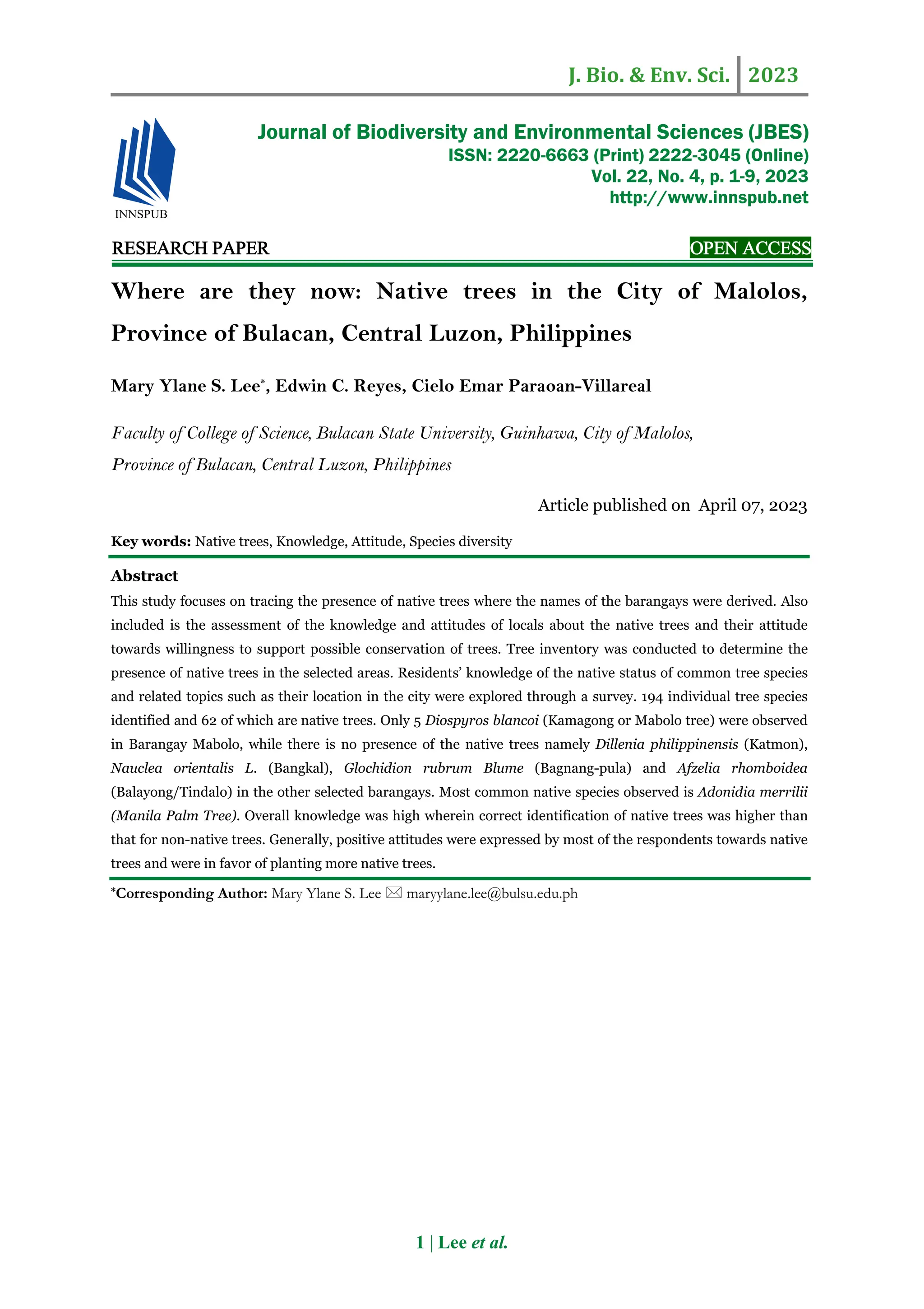 Where are they now: Native trees in the City of Malolos, Province of ...