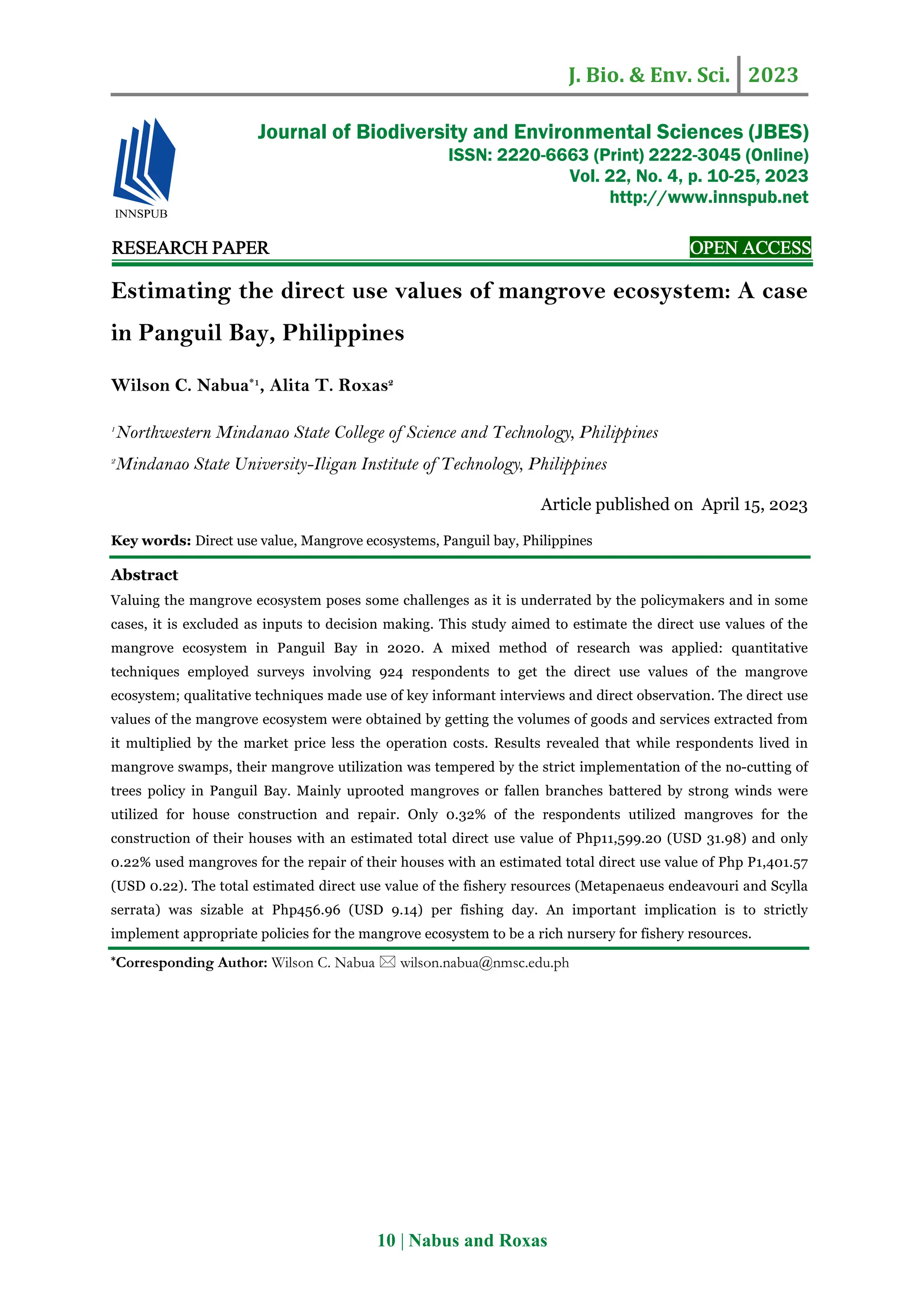 Estimating the direct use values of mangrove ecosystem: A case in ...