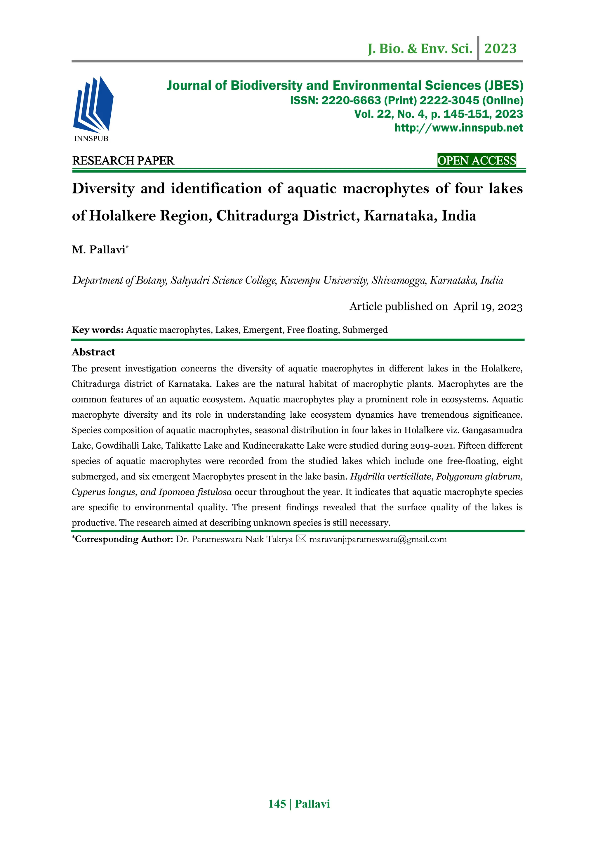 Diversity and identification of aquatic macrophytes of four lakes of ...