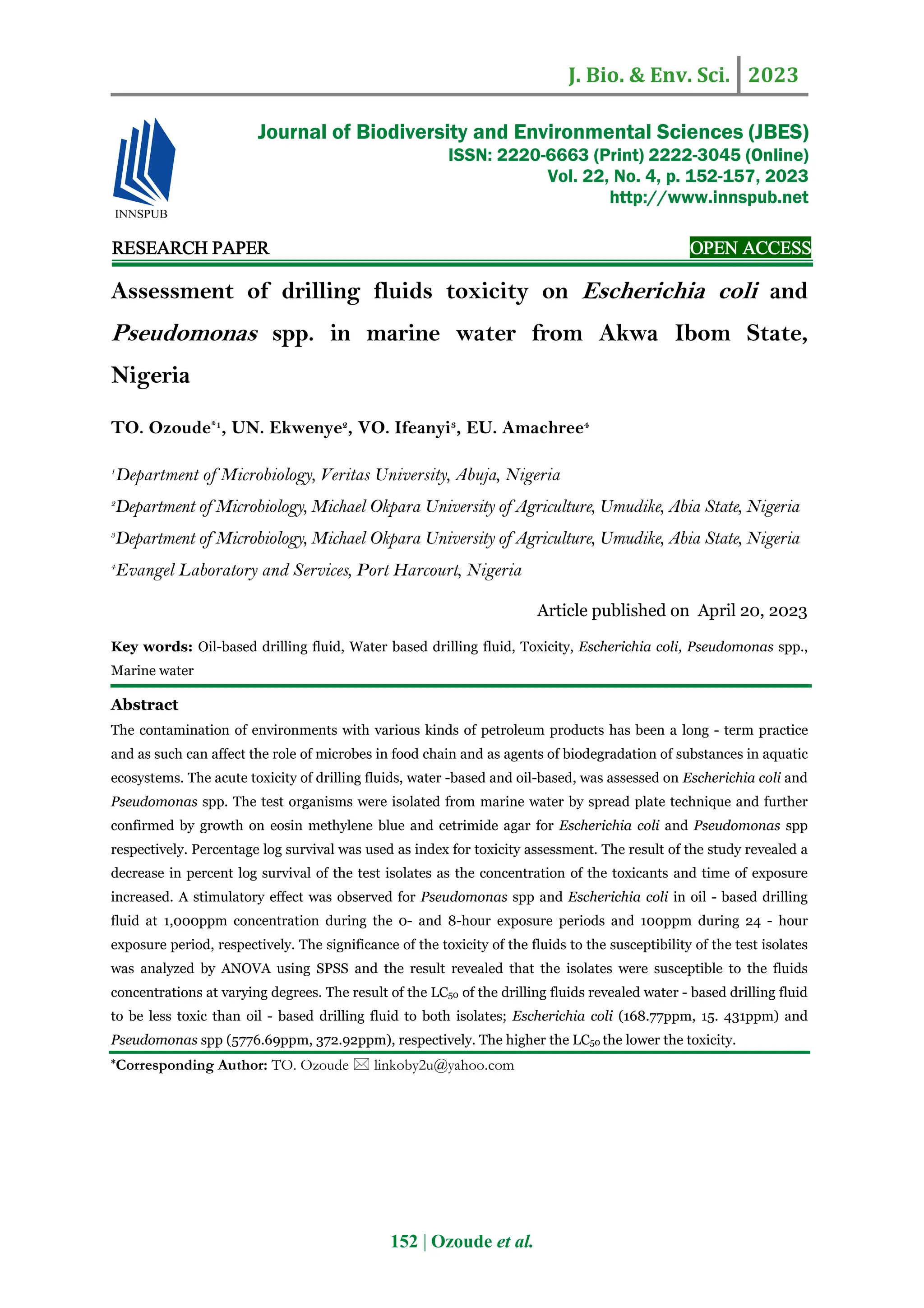 Assessment of drilling fluids toxicity on Escherichia coli and ...