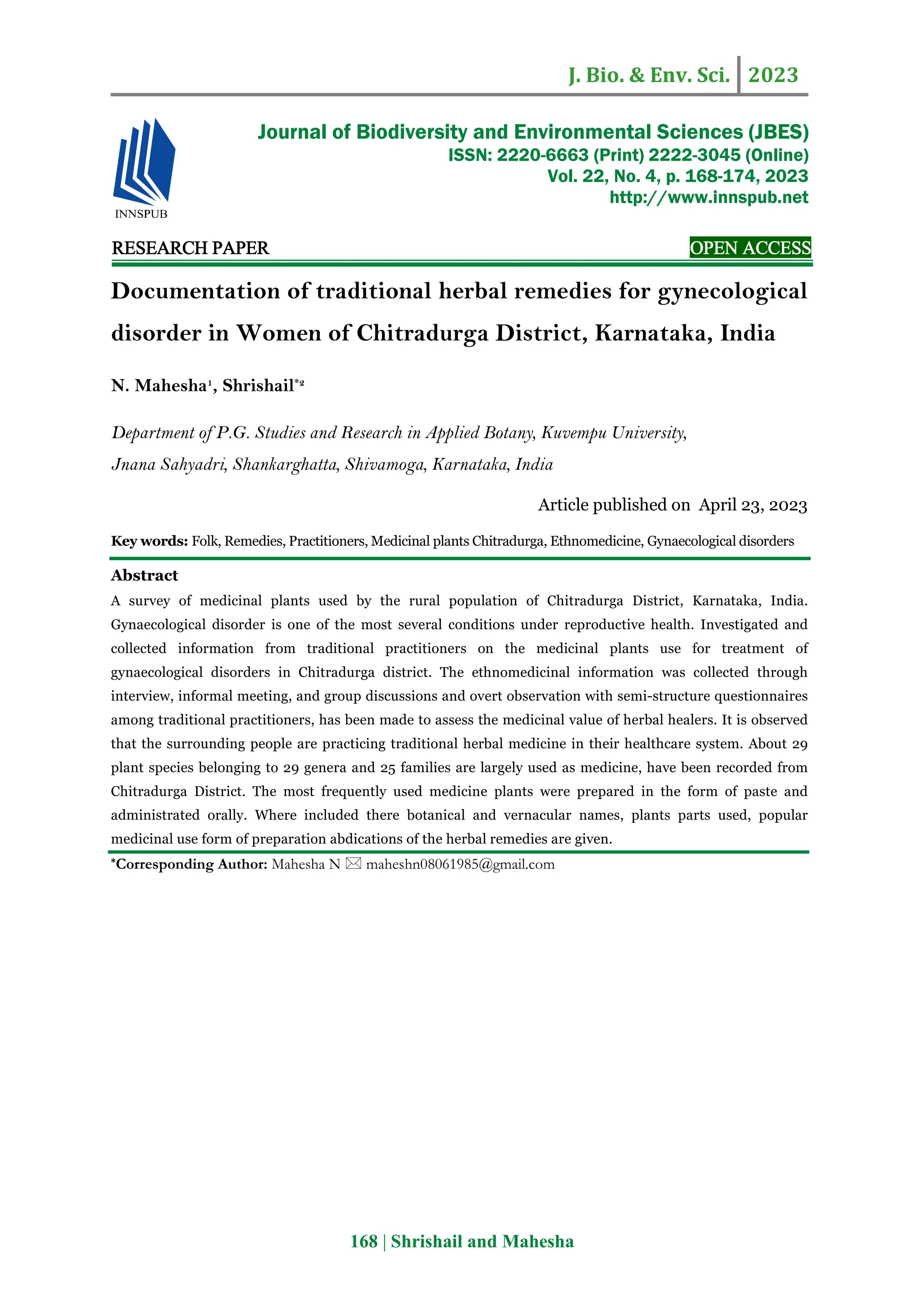 Documentation of traditional herbal remedies for gynecological disorder in Women of Chitradurga ...