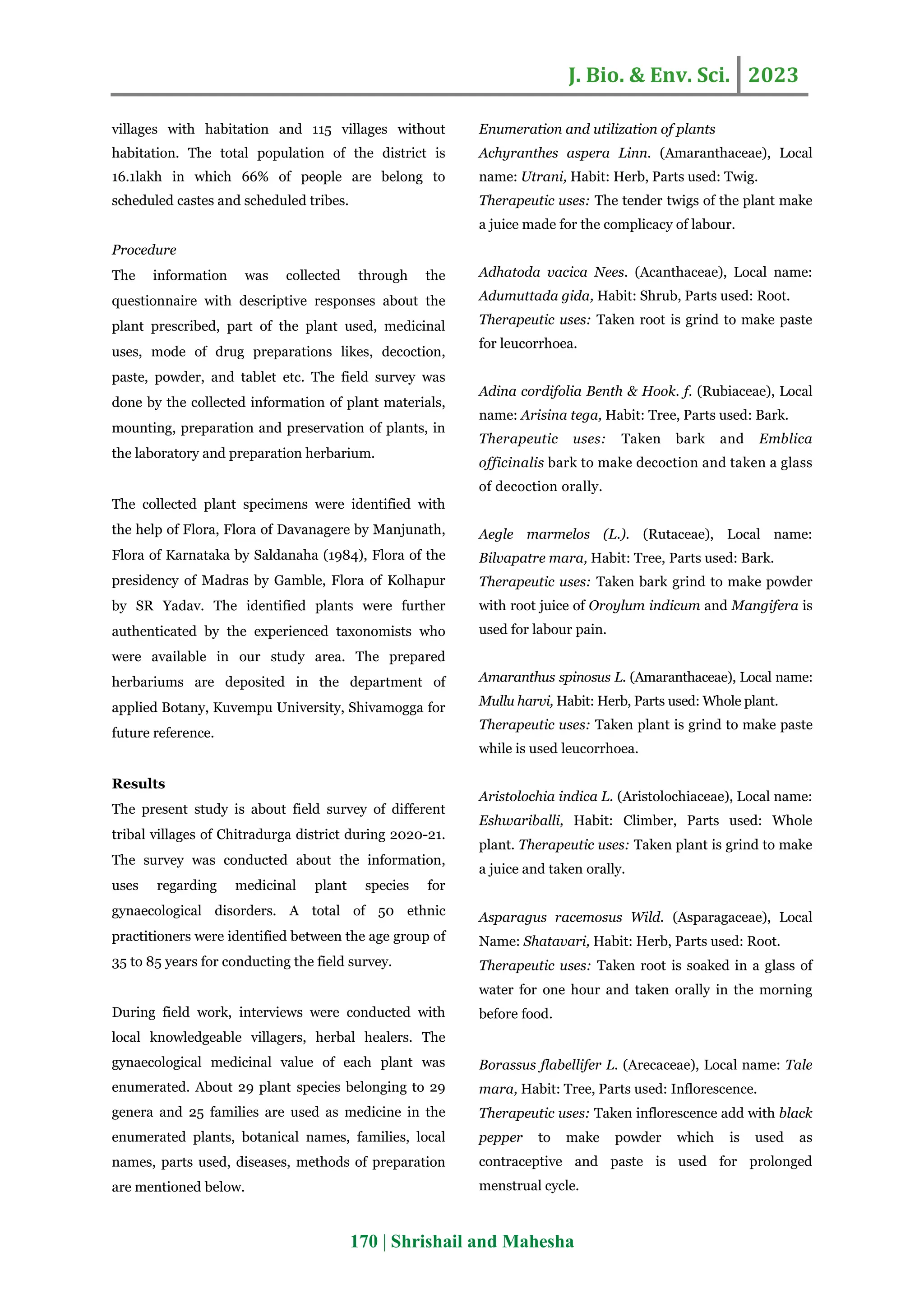 Documentation of traditional herbal remedies for gynecological disorder in Women of Chitradurga ...