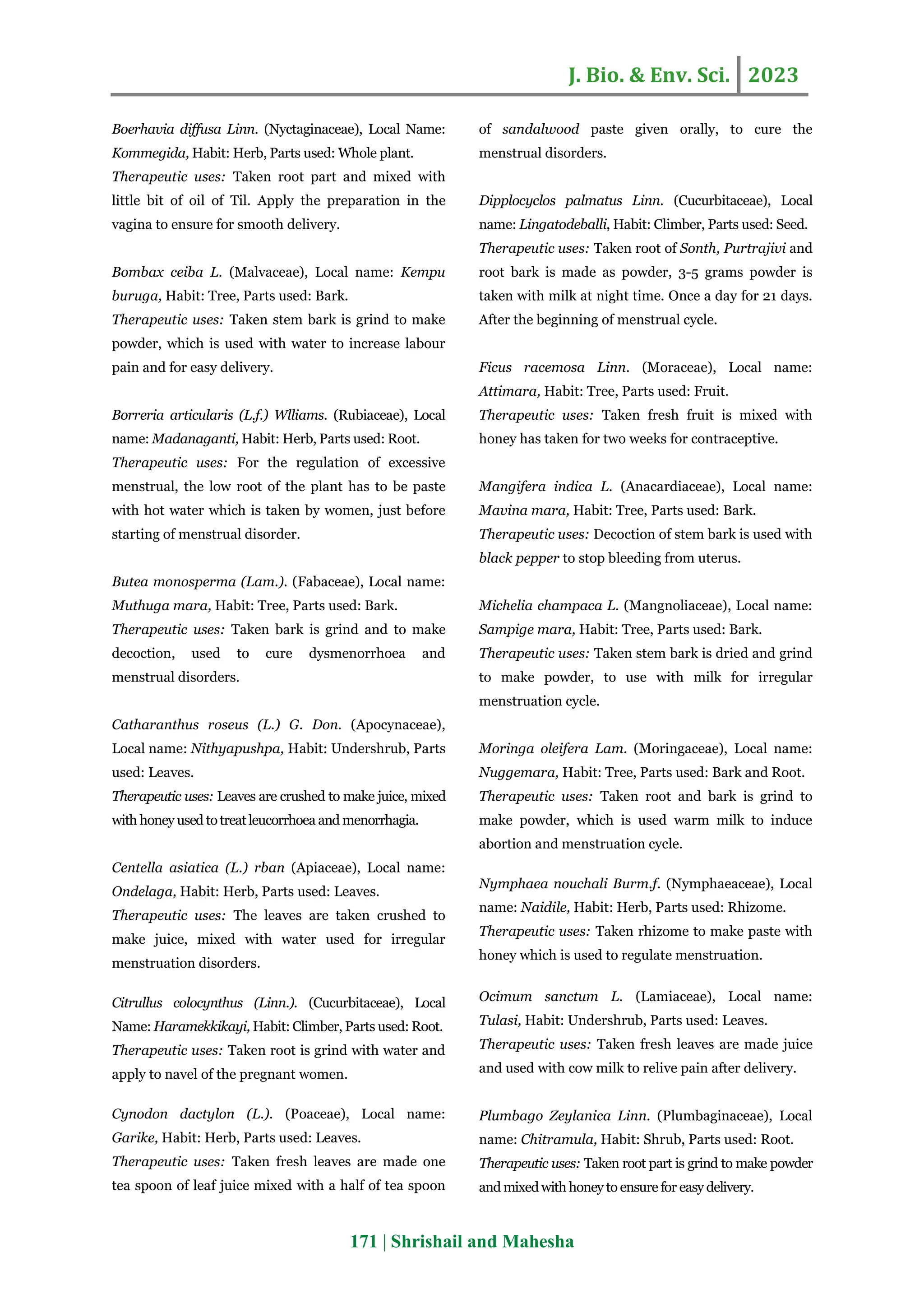 Documentation of traditional herbal remedies for gynecological disorder in Women of Chitradurga ...