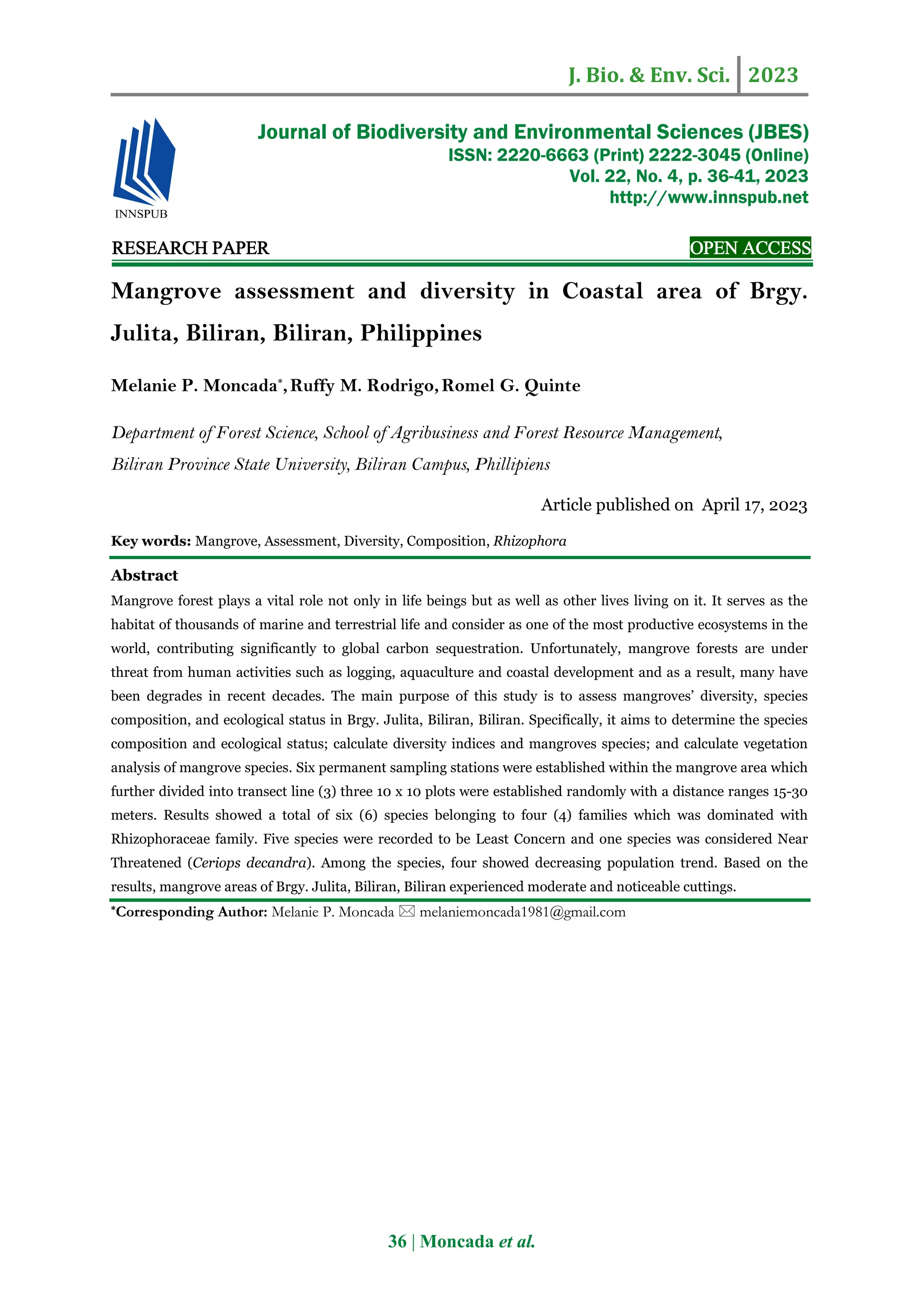 Mangrove assessment and diversity in Coastal area of Brgy. Julita ...