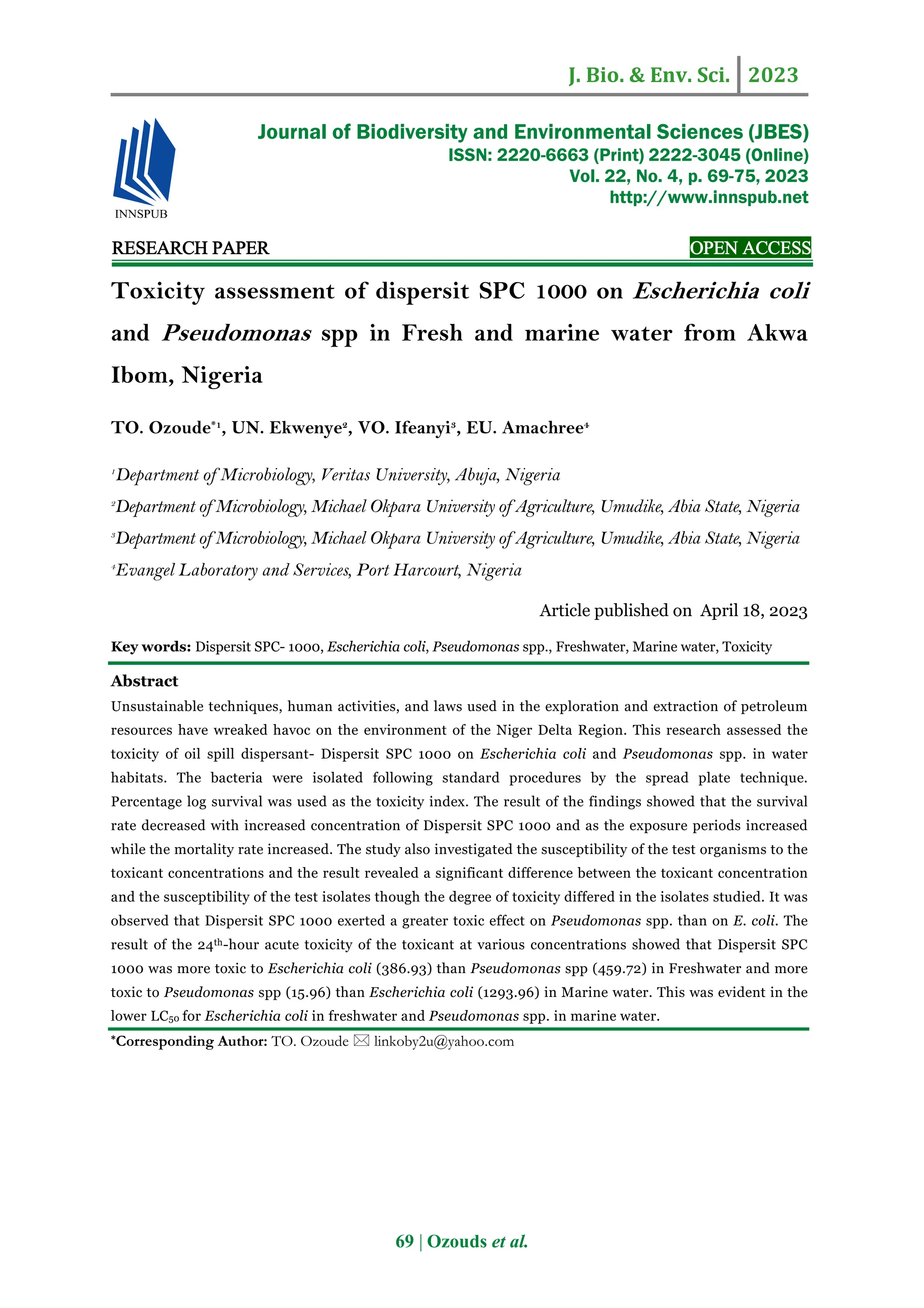 Toxicity assessment of dispersit SPC 1000 on Escherichia coli and ...