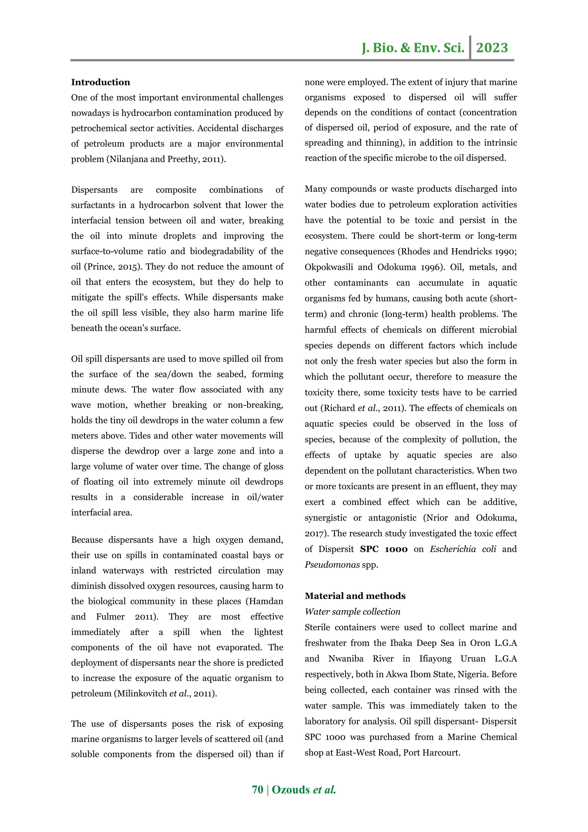 Toxicity assessment of dispersit SPC 1000 on Escherichia coli and ...