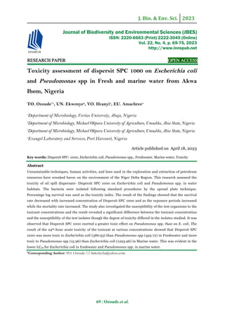 Toxicity assessment of dispersit SPC 1000 on Escherichia coli and Pseudomonas spp in Fresh and ...