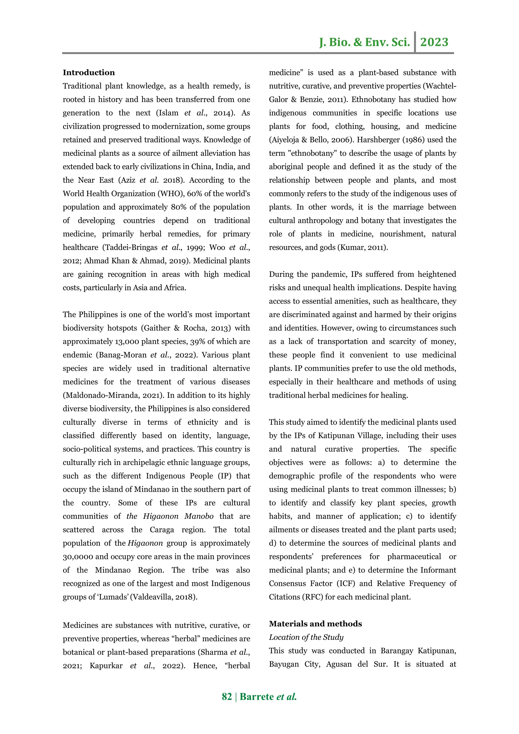 Traditional medicinal plants and practices of an Indigenous community in Katipunan Village ...