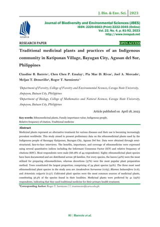 Traditional medicinal plants and practices of an Indigenous community in Katipunan Village ...