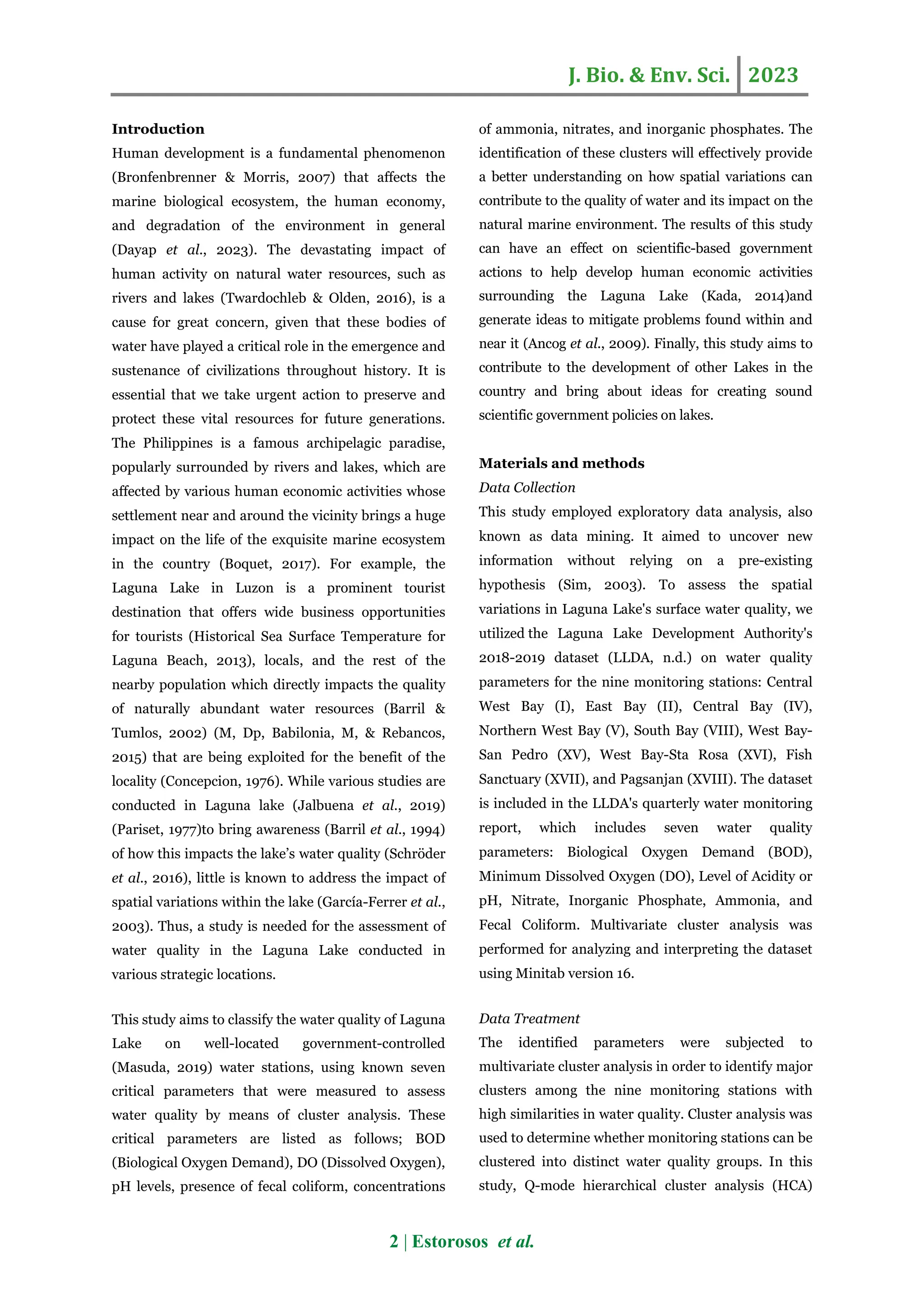 Assessment Of Spatial Variations In Surface Water Quality Of Laguna Lake Stations Using Cluster