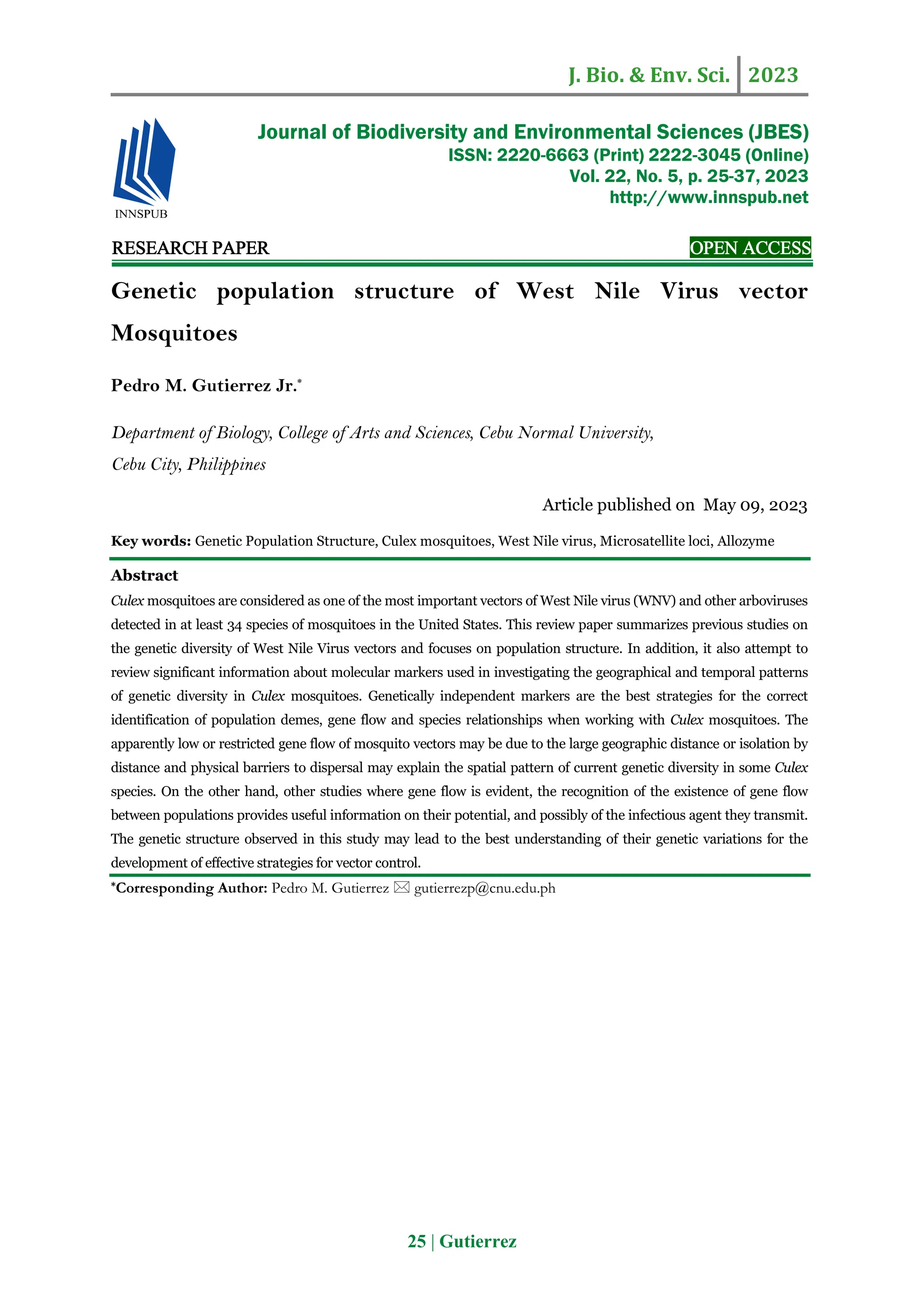 Genetic population structure of West Nile Virus vector Mosquitoes | PDF
