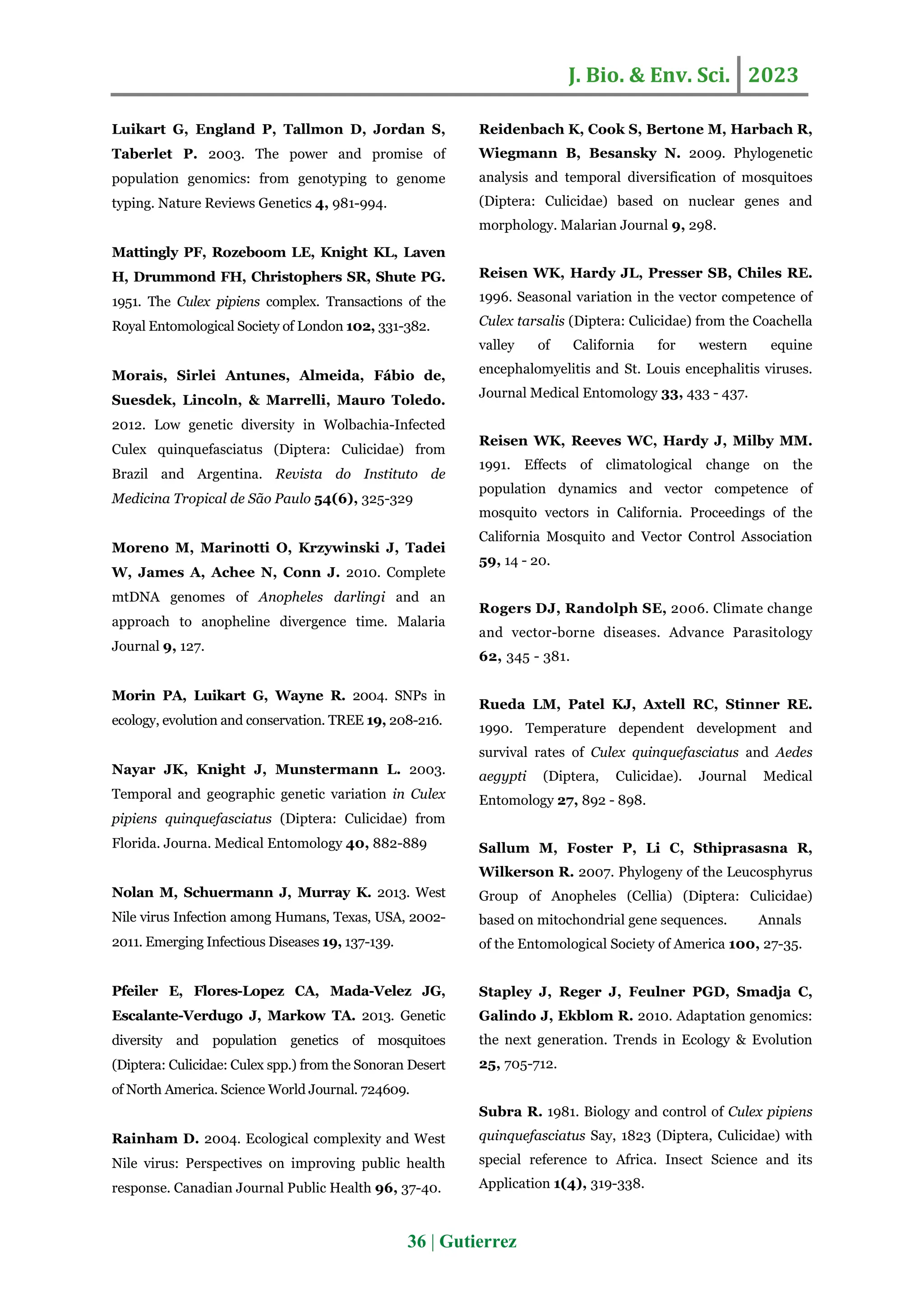 Genetic population structure of West Nile Virus vector Mosquitoes | PDF