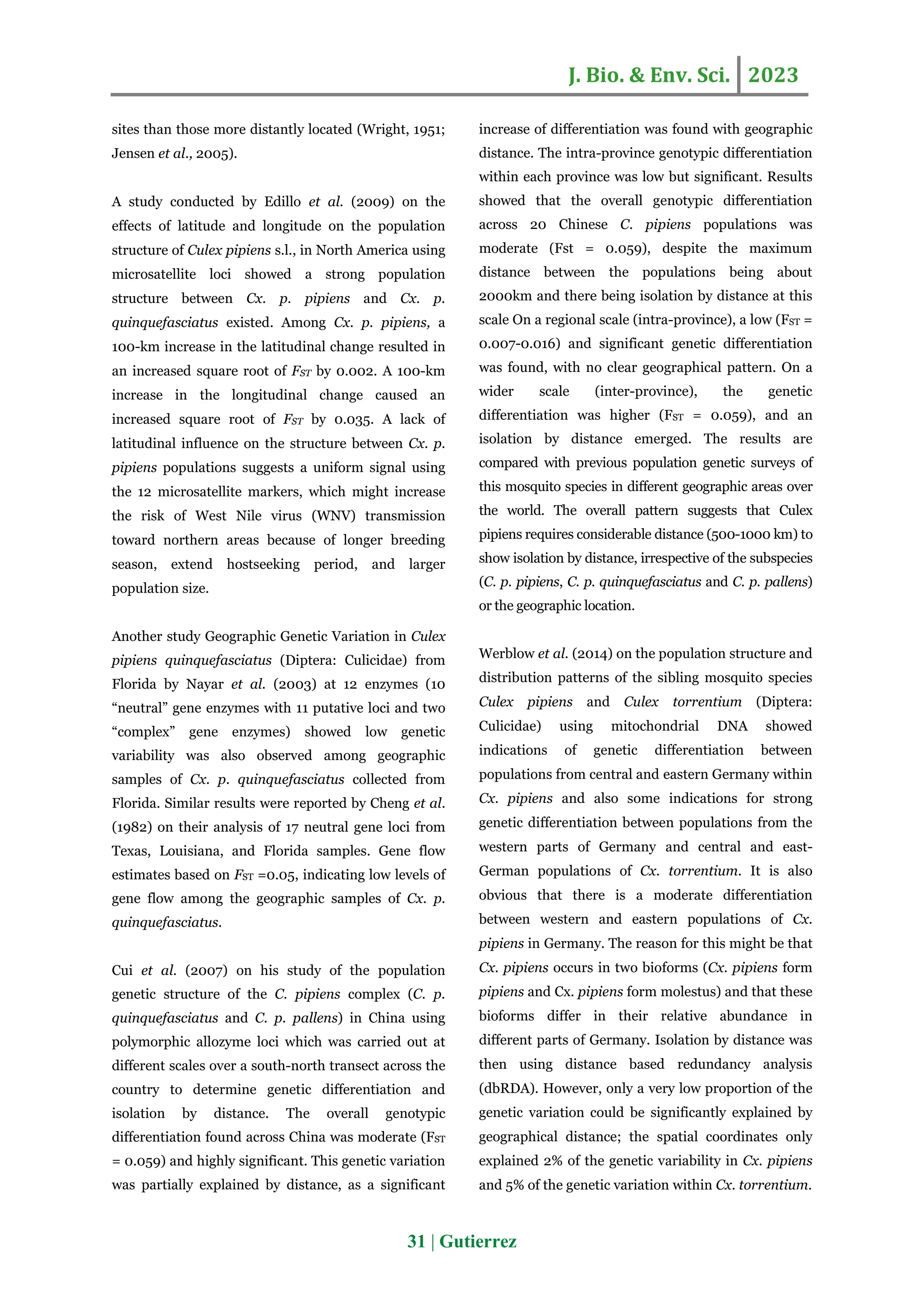 Genetic population structure of West Nile Virus vector Mosquitoes | PDF