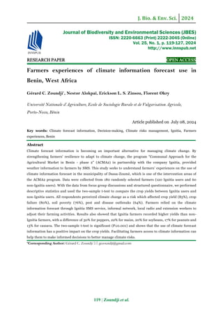 Farmers experiences of climate information forecast use in Benin, West ...