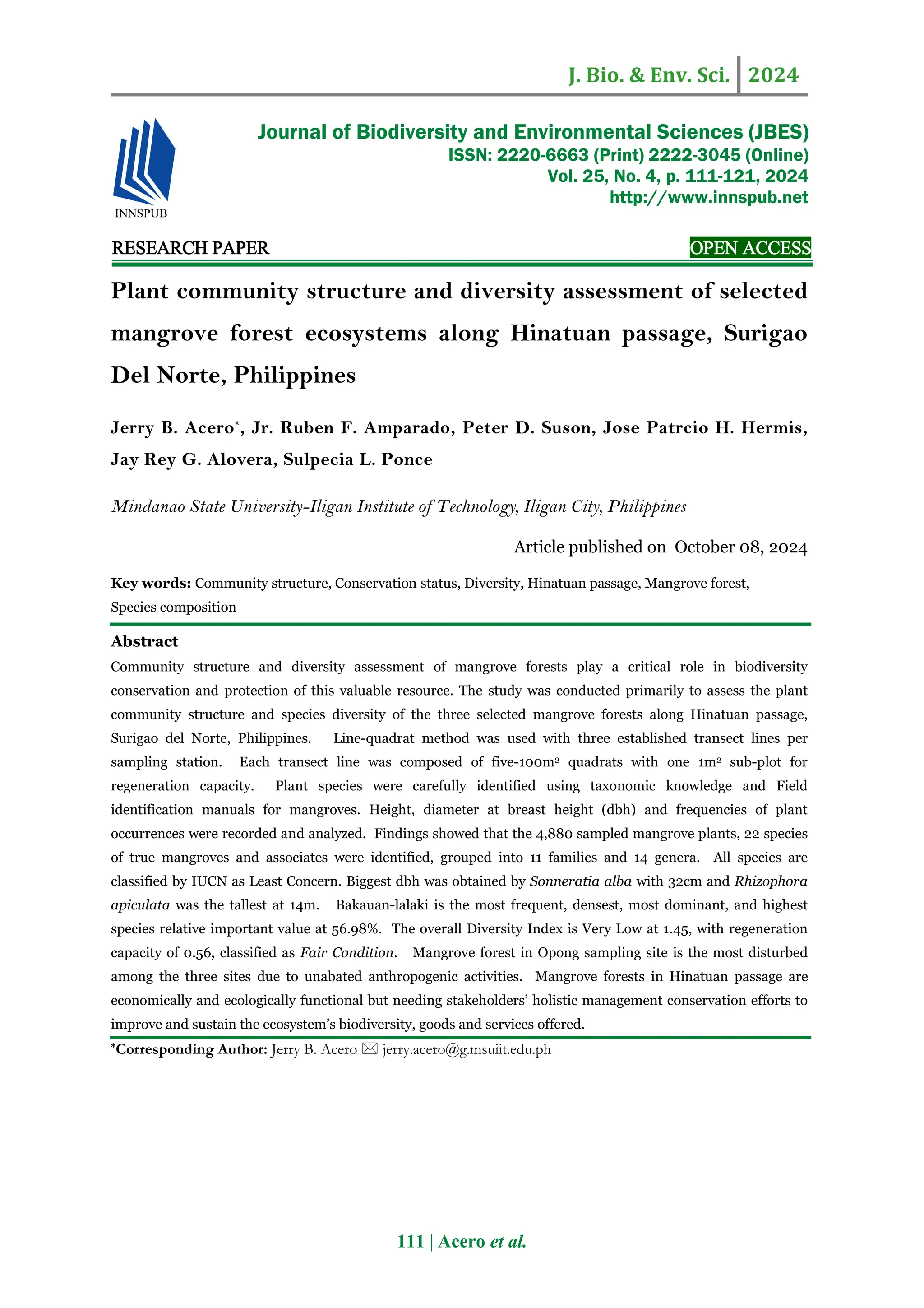 Plant community structure and diversity assessment of selected mangrove ...