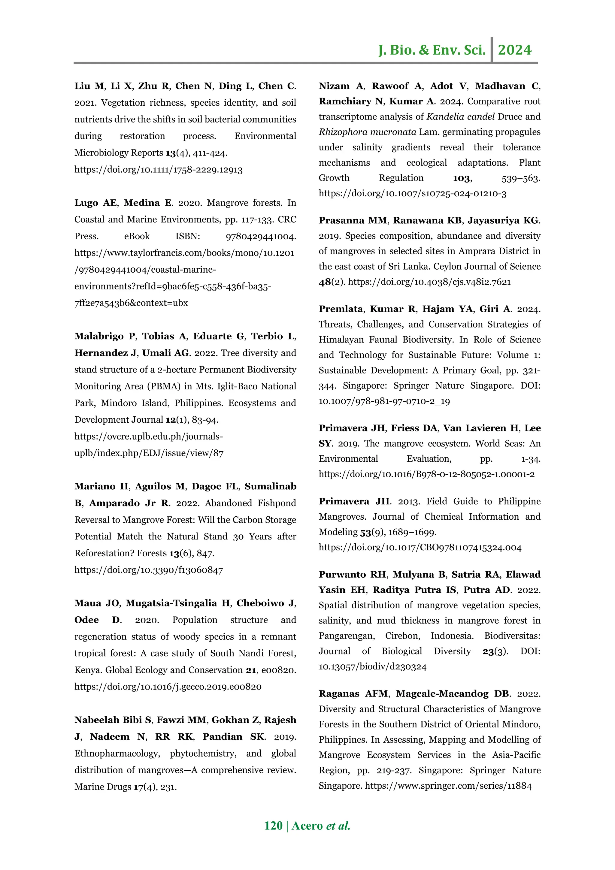 Plant community structure and diversity assessment of selected mangrove ...