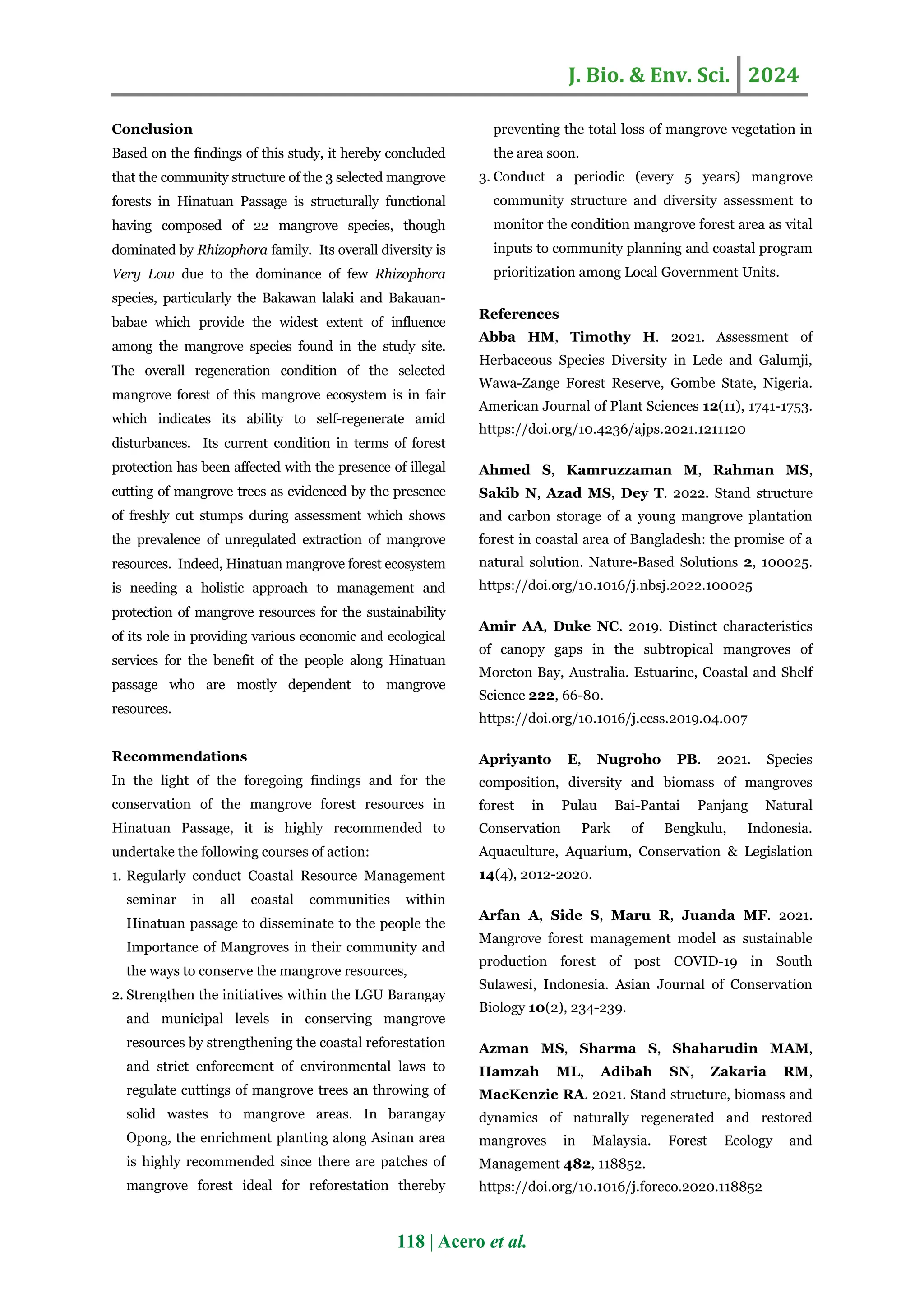 Plant community structure and diversity assessment of selected mangrove ...